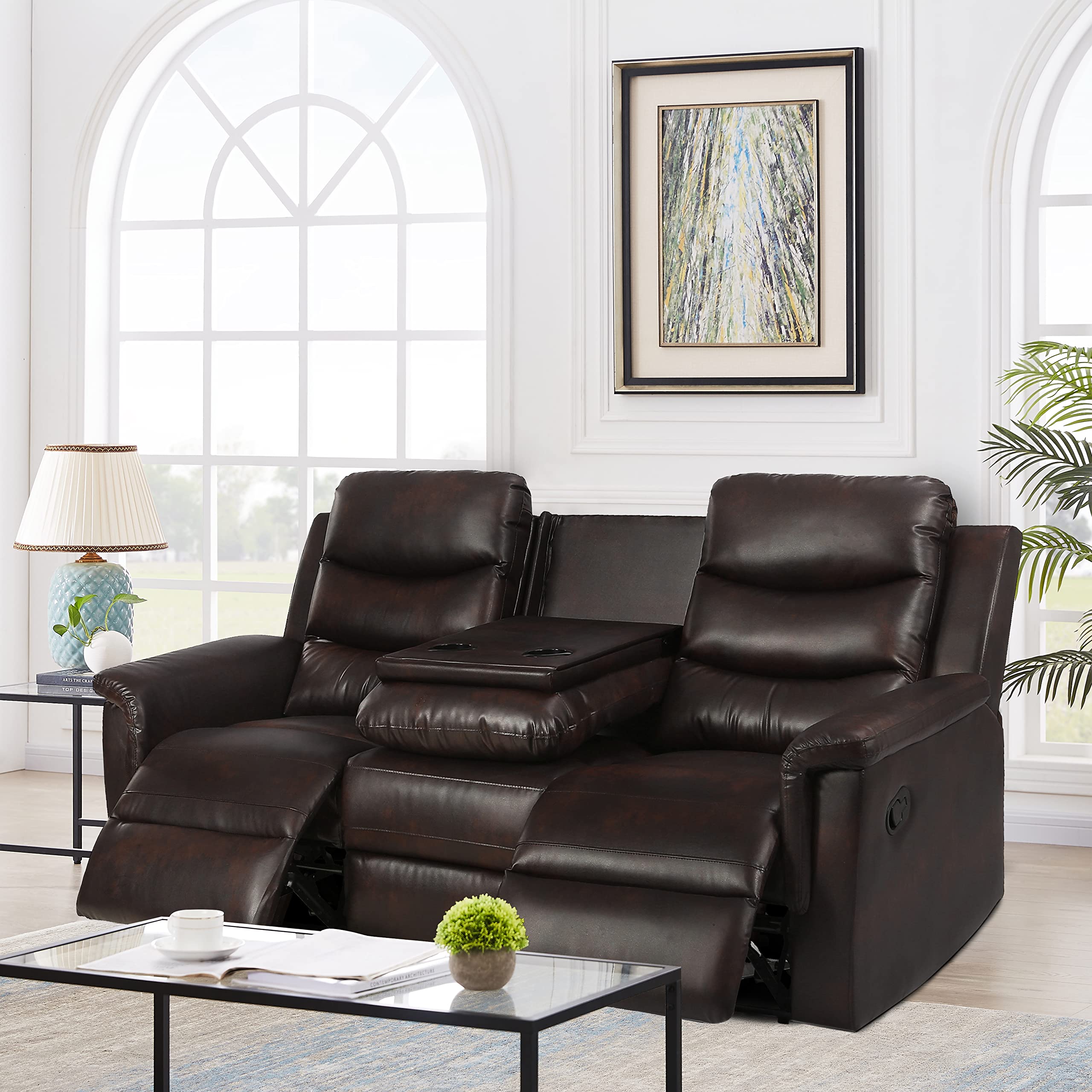 Verfur Double Recliner RV Sofa with Console |Faux Leather Motion Couch with 2 Cup Holders, 3-Seater Loveseat Couches with Flipped Middle Backrest, Home Theater Seating Living Room Furniture Sets