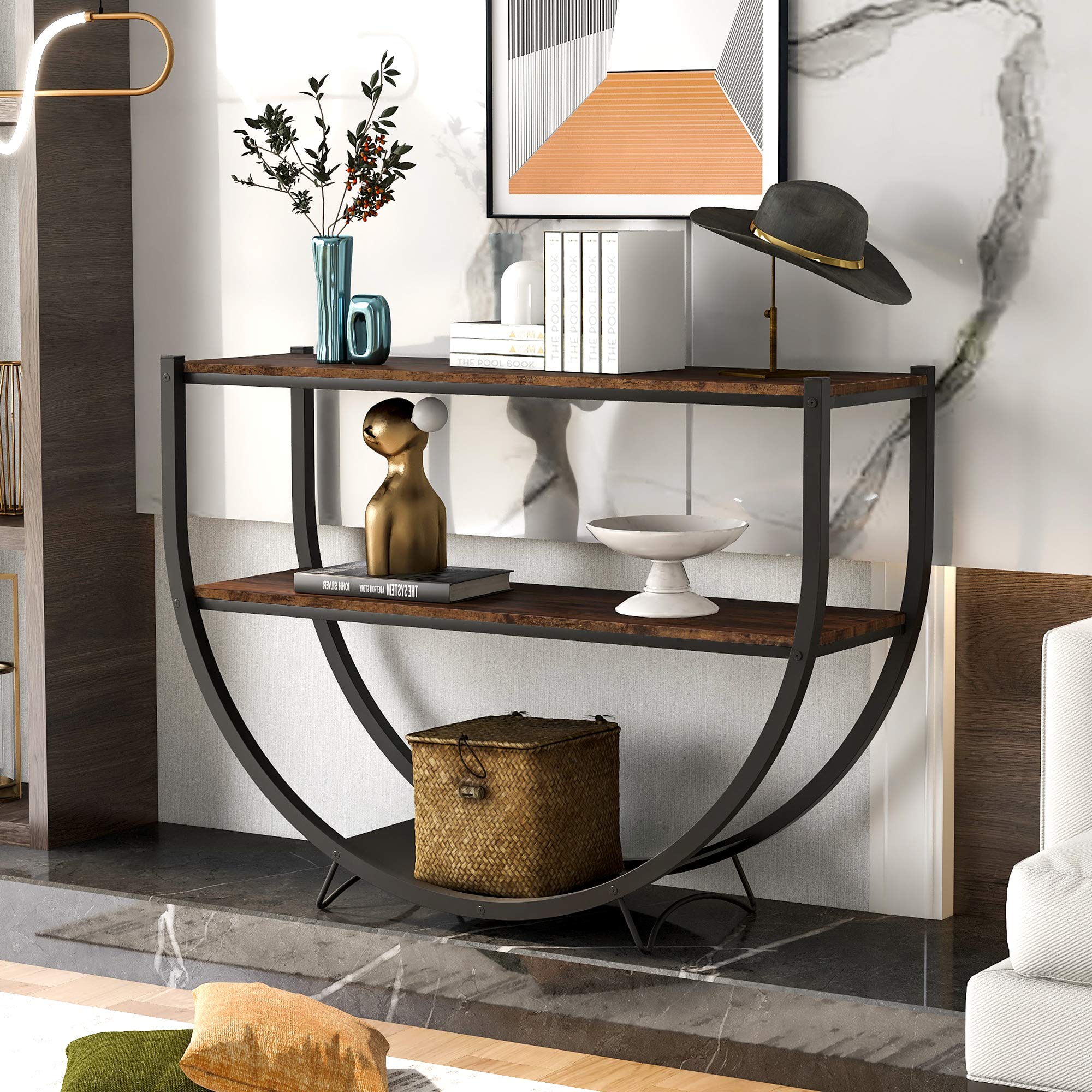 GINGVAT Console Table Demilune Shape Textured, Retro Style Fashion Furniture Metal & Wood Frame, Distressed Brown