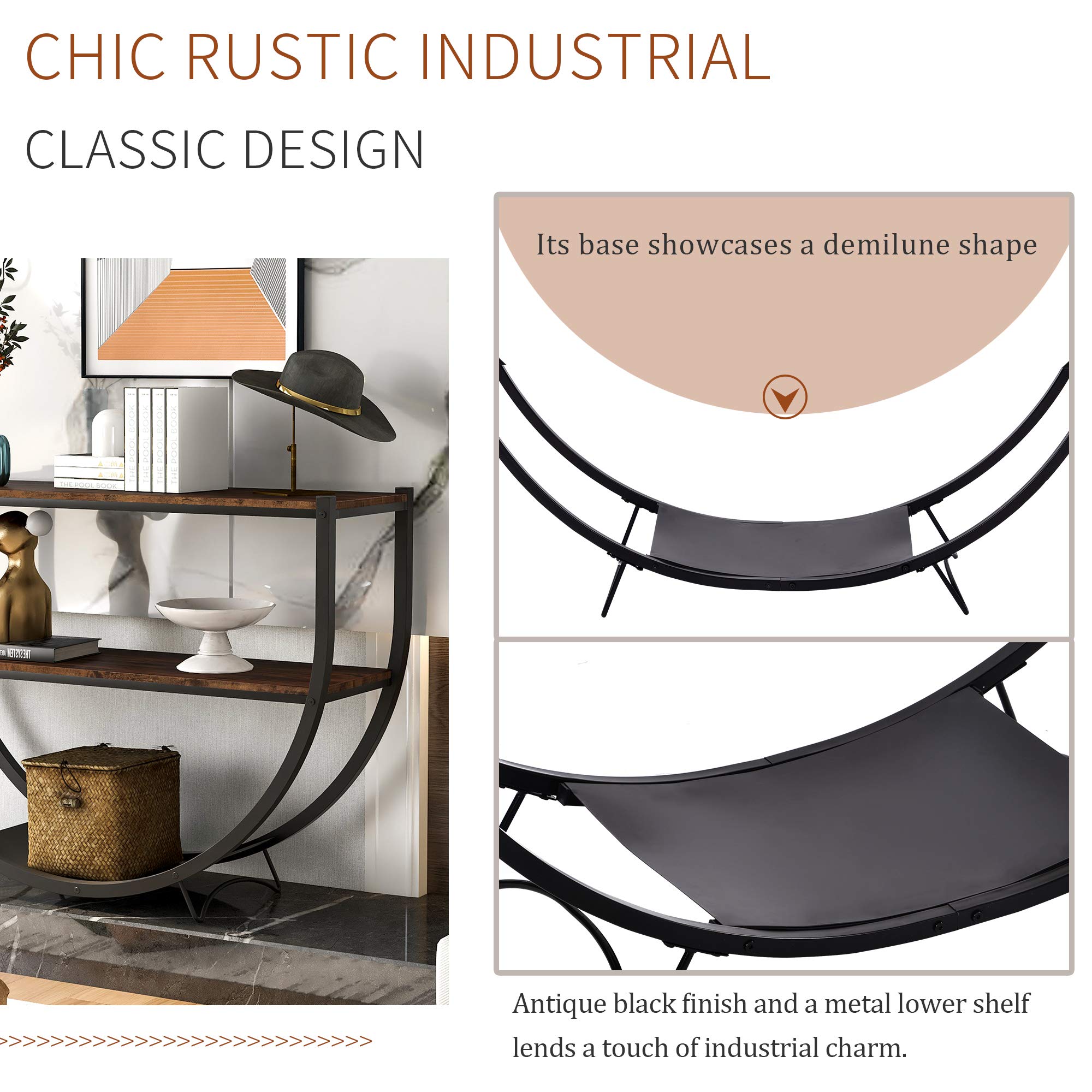 GINGVAT Console Table Demilune Shape Textured, Retro Style Fashion Furniture Metal & Wood Frame, Distressed Brown