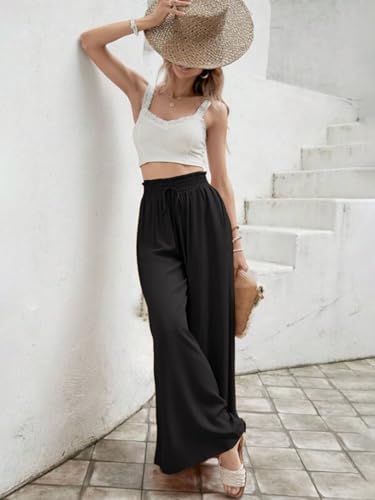 SEMARO Womens Casual Linen High Waist Pants Drawstring Loose Fit Summer Pants Trousers with Side Pockets Z-Black