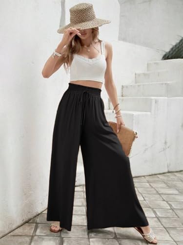 SEMARO Womens Casual Linen High Waist Pants Drawstring Loose Fit Summer Pants Trousers with Side Pockets Z-Black