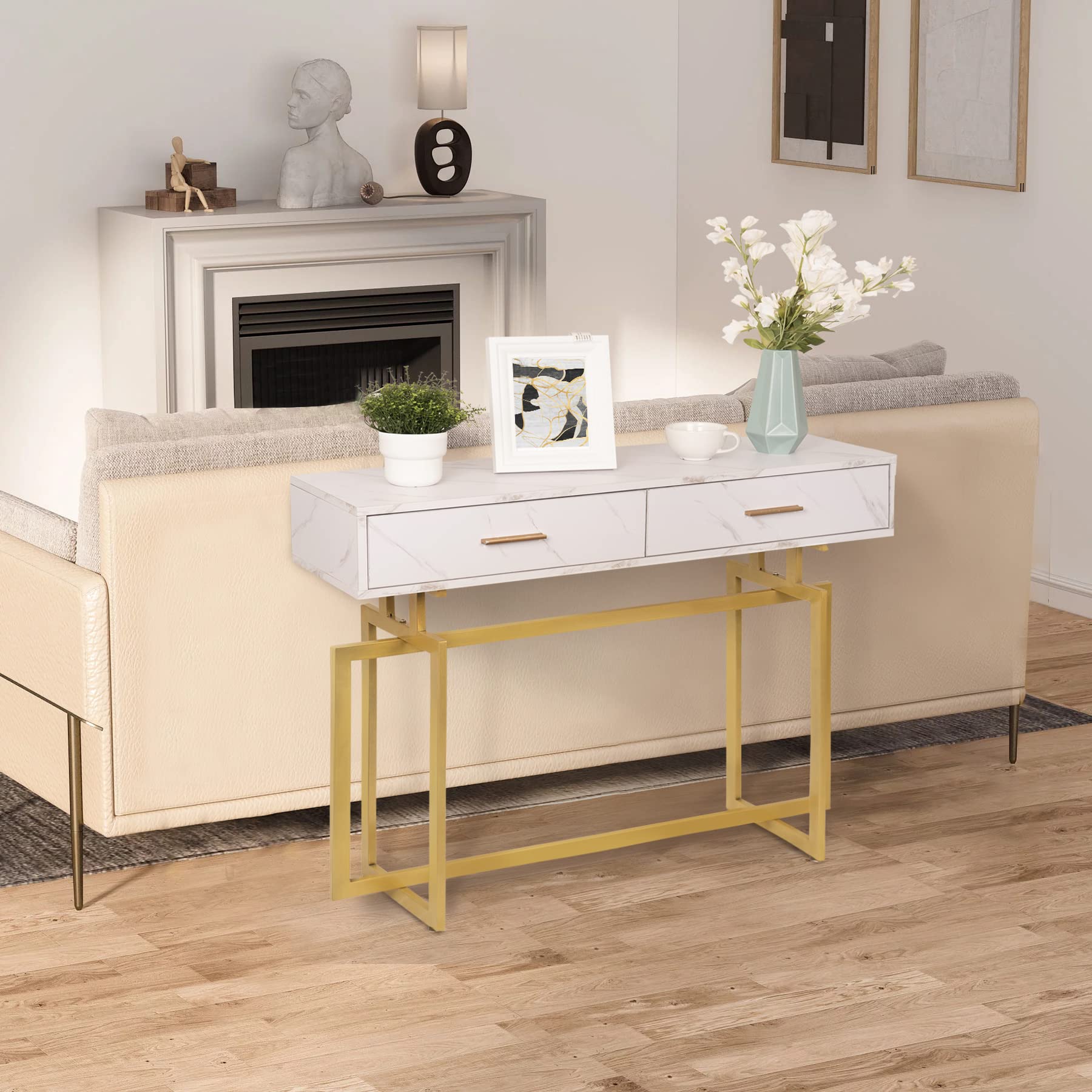 3imothrix Console Table with 2 Drawers, 39.37" Narrow Entryway Table Sofa Table for Hallway, Entrance Hall, Foyer, Corridor, Living Room, Faux Marble, Gold Base