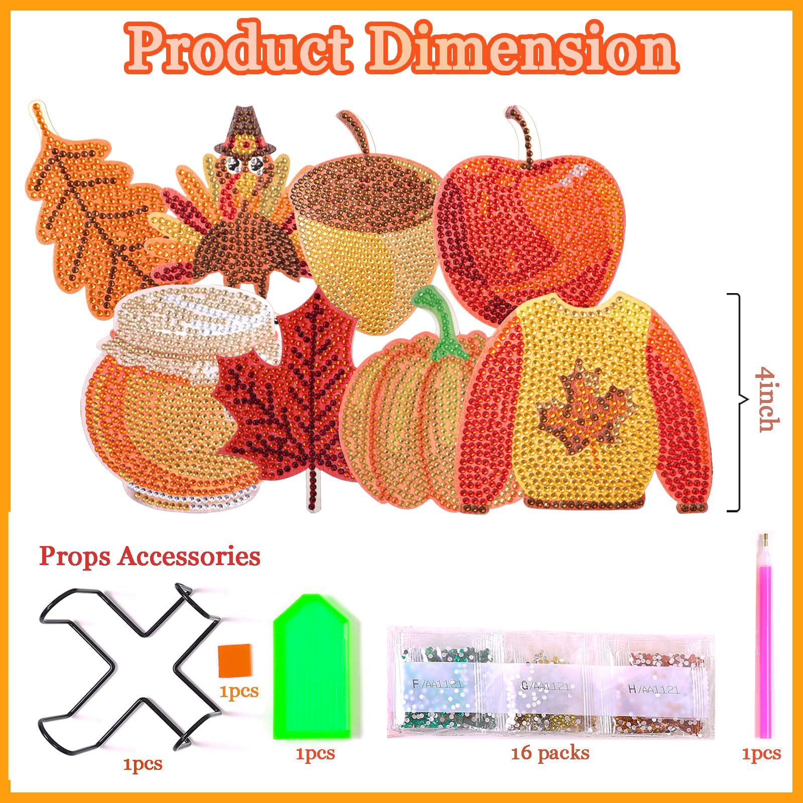 8Pcs Fall Diamond Art Painting Coasters Thanksgiving Diamond Art Coasters Kits with Holder Pumpkin Maple Leaf Turkey DIY 5D Diamonds Coasters for Autumn Harvest Party Adults Kids Beginners Craft
