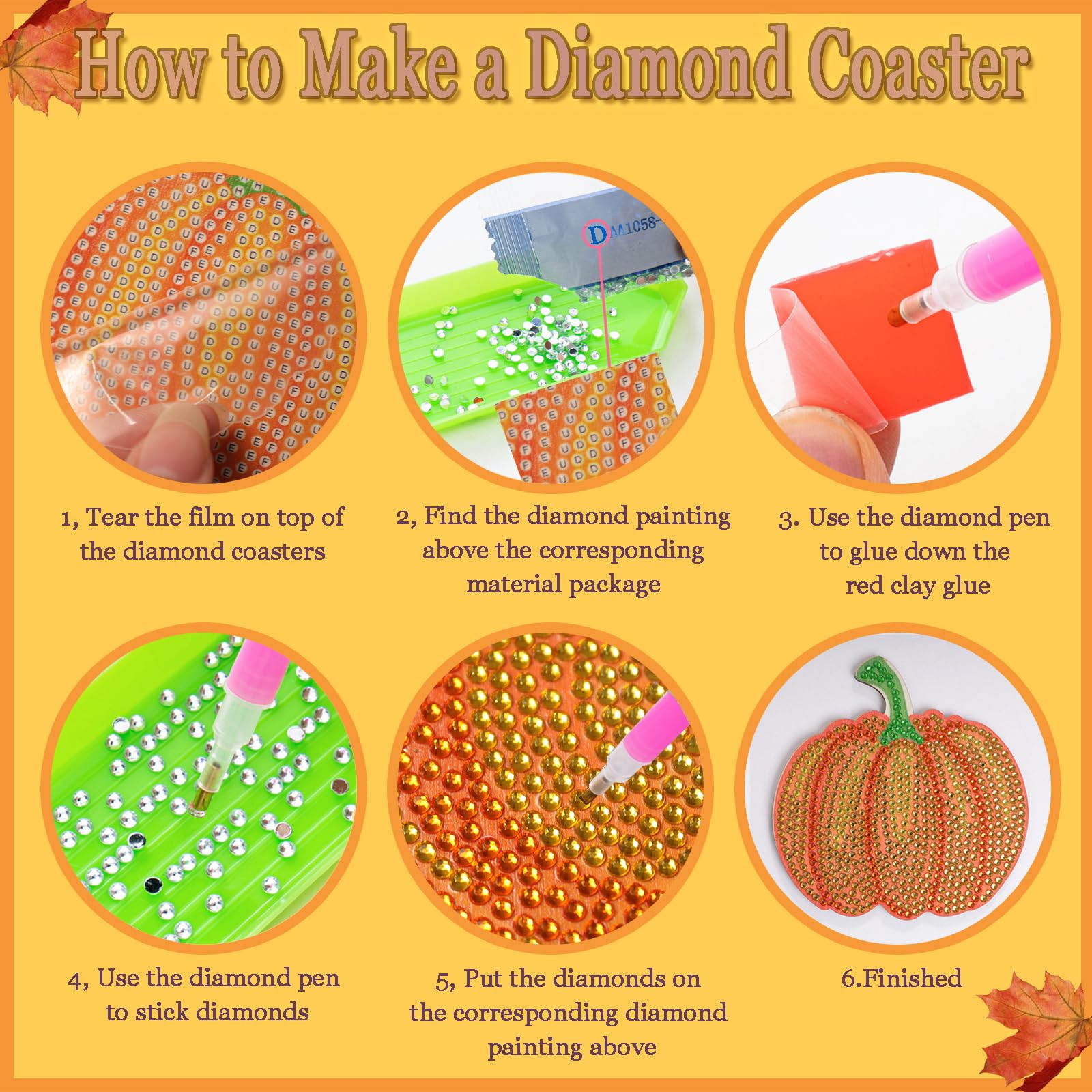 8Pcs Fall Diamond Art Painting Coasters Thanksgiving Diamond Art Coasters Kits with Holder Pumpkin Maple Leaf Turkey DIY 5D Diamonds Coasters for Autumn Harvest Party Adults Kids Beginners Craft
