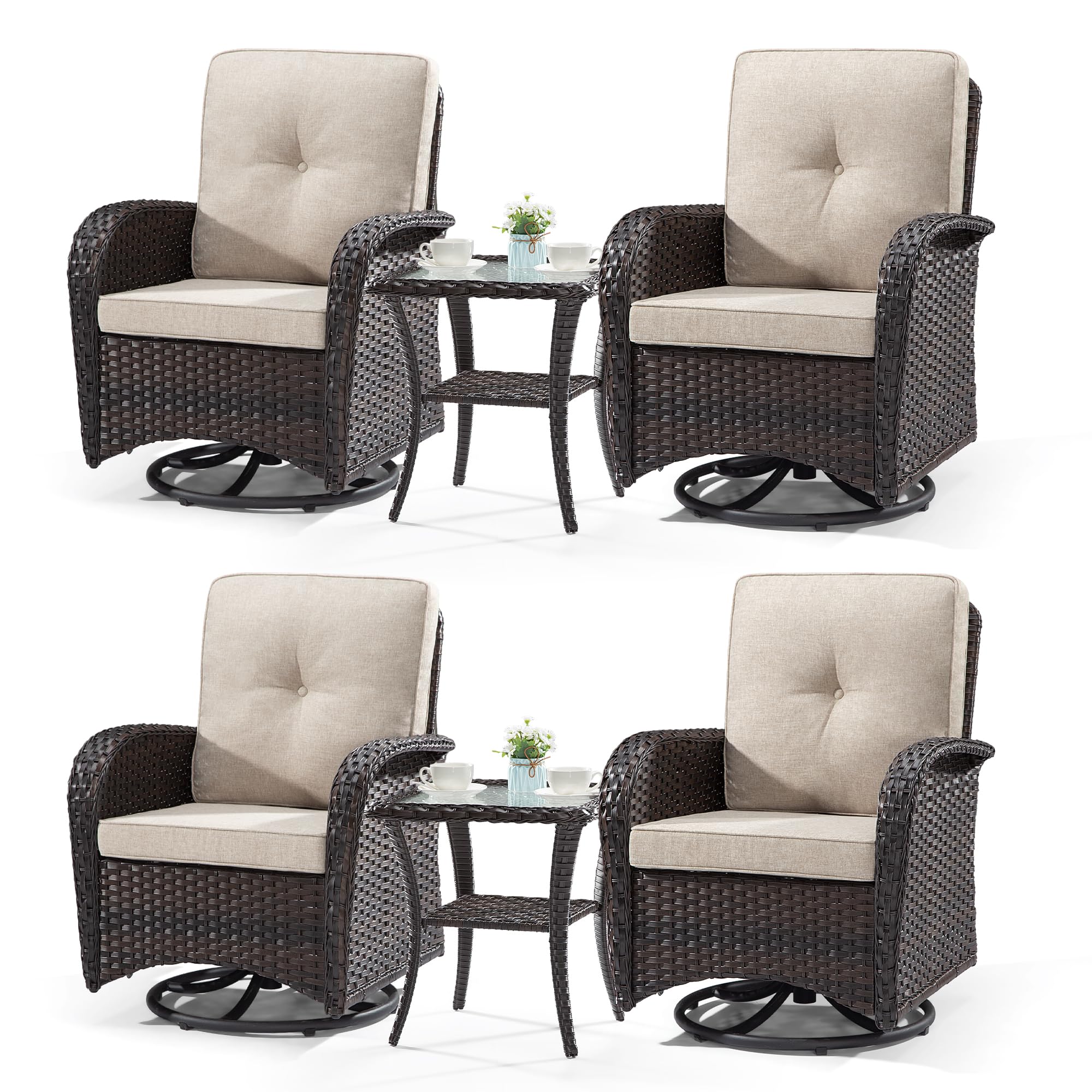 MeetLeisure Patio Swivel Glider Wicker Chairs - Outdoor Swivel Rocking Chairs Set of 4 with 2 Wicker Side Tables, Patio Swivel Rocker Chair 6 Piece Patio Furniture Sets(Brown/Beige)