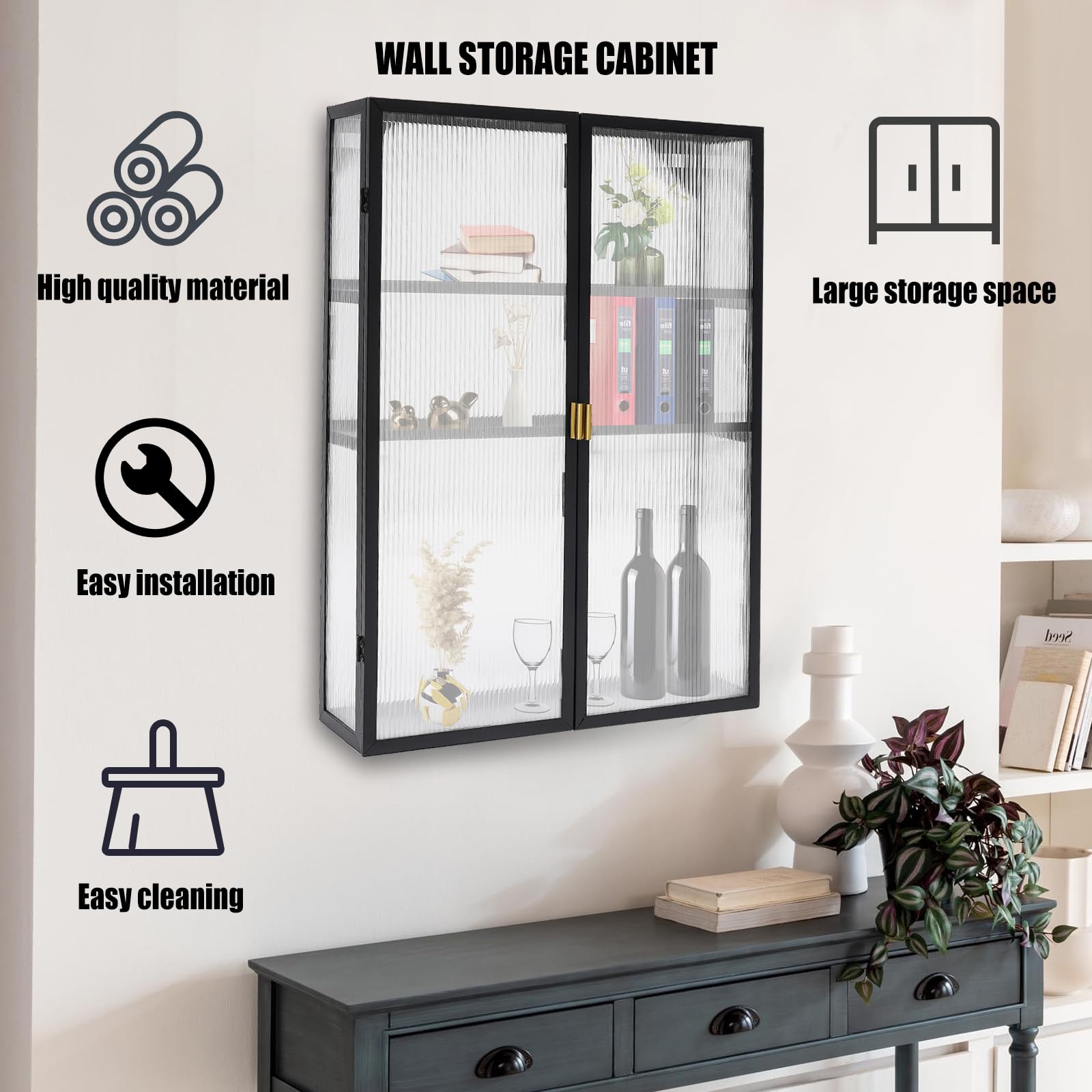 Titunjian Wall Cabinet Haze Double PC Door Wall Cupboard with Detachable Shelves Storage Cabinet for Office Dining Room Living Room Kitchen Bathroom, 19.7 * 5.5 * 27.5 Inch (Black)