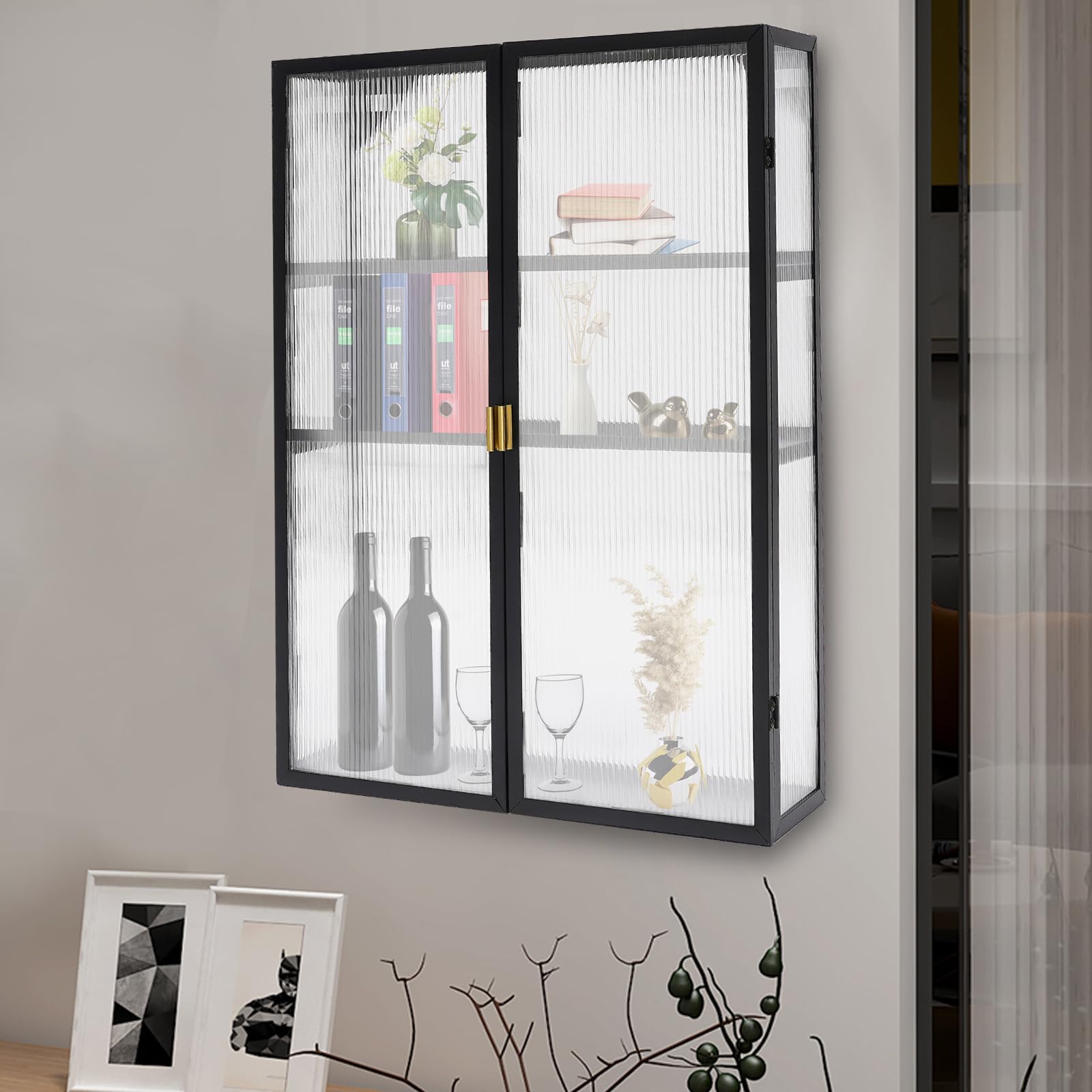 Titunjian Wall Cabinet Haze Double PC Door Wall Cupboard with Detachable Shelves Storage Cabinet for Office Dining Room Living Room Kitchen Bathroom, 19.7 * 5.5 * 27.5 Inch (Black)