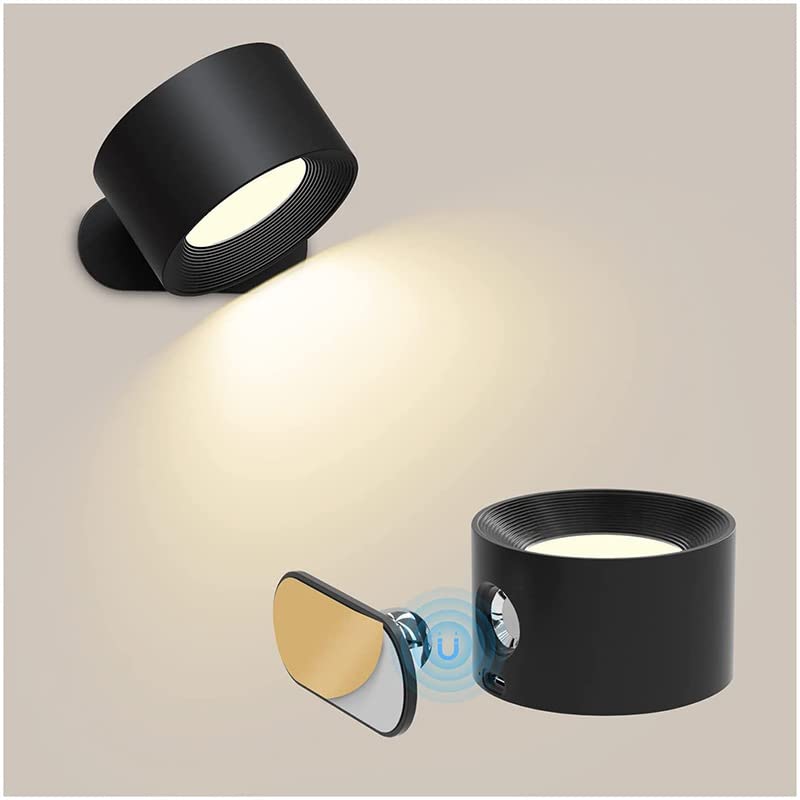 Raiseking LED Rechargeable Wall Sconce, Wall Mounted Lamp with 2000mAh Battery Operated USB Port 360°Rotate Magnetic Ball, Cordless Wall Light for Reading Study Bedside (Black-Touch Control)