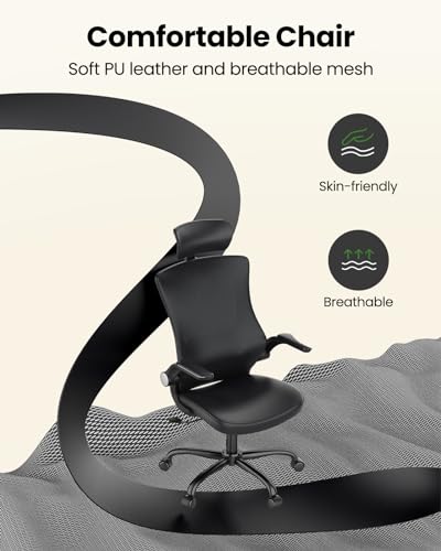 Totnz Ergonomic Office Chair with Mesh Back and Leather Cushion,Lumbar Support Computer Chair with Flip-up Arms and Adjustable Height,Home Office Desk Chairs(Black)