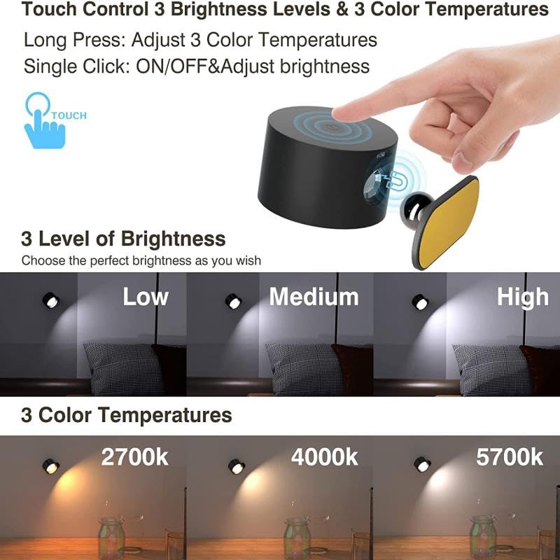 Raiseking LED Rechargeable Wall Sconce, Wall Mounted Lamp with 2000mAh Battery Operated USB Port 360°Rotate Magnetic Ball, Cordless Wall Light for Reading Study Bedside (Black-Touch Control)