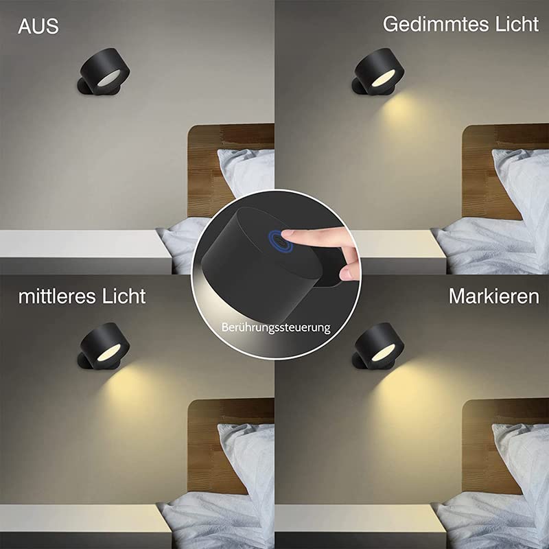 Raiseking LED Rechargeable Wall Sconce, Wall Mounted Lamp with 2000mAh Battery Operated USB Port 360°Rotate Magnetic Ball, Cordless Wall Light for Reading Study Bedside (Black-Touch Control)