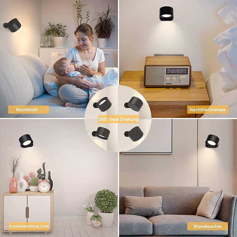 Raiseking LED Rechargeable Wall Sconce, Wall Mounted Lamp with 2000mAh Battery Operated USB Port 360°Rotate Magnetic Ball, Cordless Wall Light for Reading Study Bedside (Black-Touch Control)