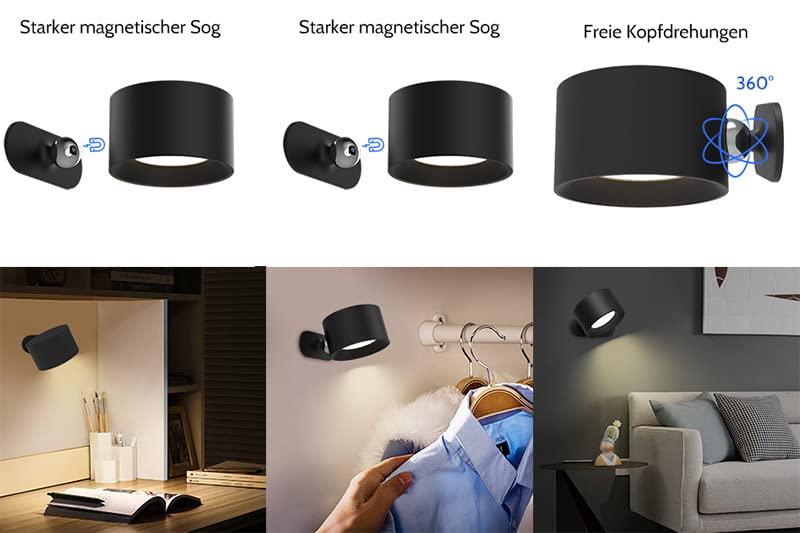 Raiseking LED Rechargeable Wall Sconce, Wall Mounted Lamp with 2000mAh Battery Operated USB Port 360°Rotate Magnetic Ball, Cordless Wall Light for Reading Study Bedside (Black-Touch Control)