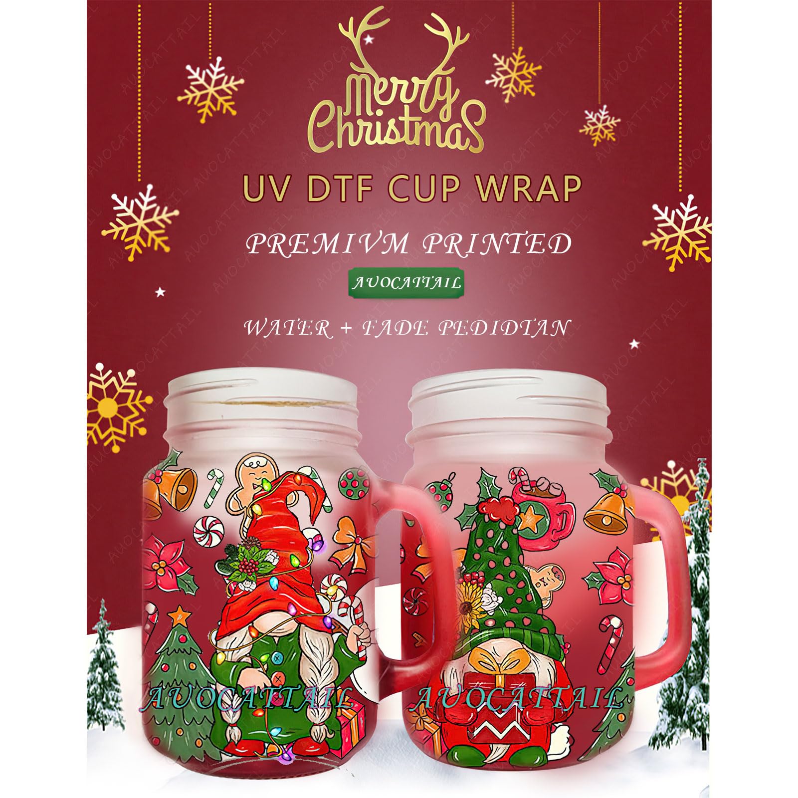 16OZ Glass Cups UV DTF Cup Wrap Christmas Rub on Transfers for Crafting DIY Libby Glass Waterproof Decals (6 Sheets)