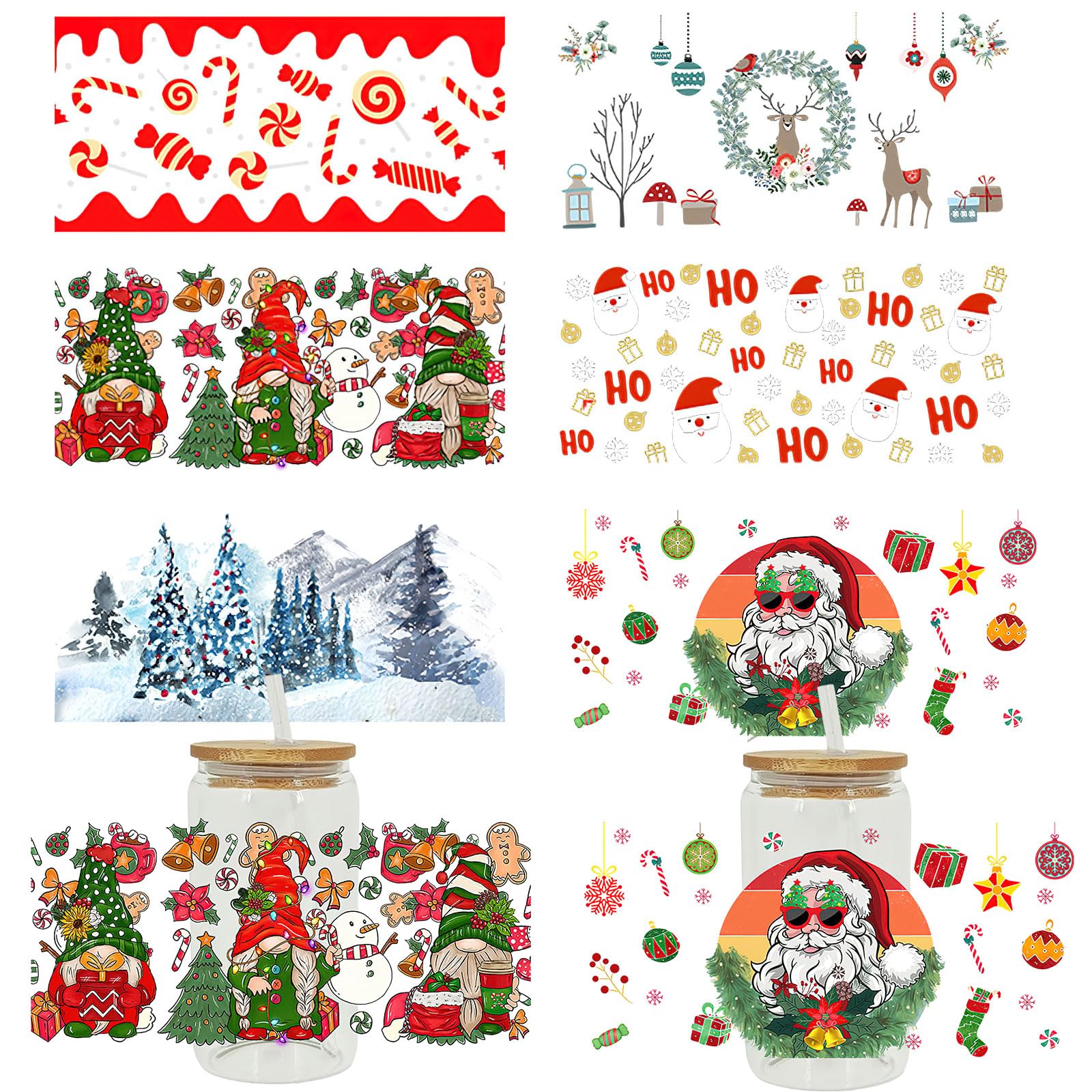 16OZ Glass Cups UV DTF Cup Wrap Christmas Rub on Transfers for Crafting DIY Libby Glass Waterproof Decals （6 Sheets）