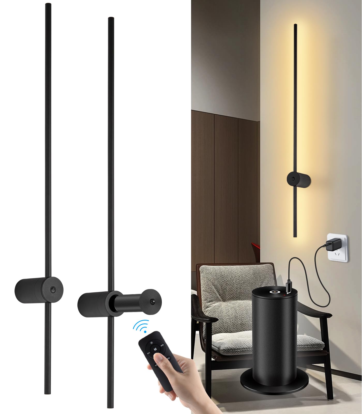 Battery Operated Wall Sconces Set of Two, USB Rechargeable Wall Lights with Remote Control, Dimmable LED Wall Lamp Indoor, 360° Rotation Wireless Lights for Living Room Bedroom Hallway, Black, 40 inch