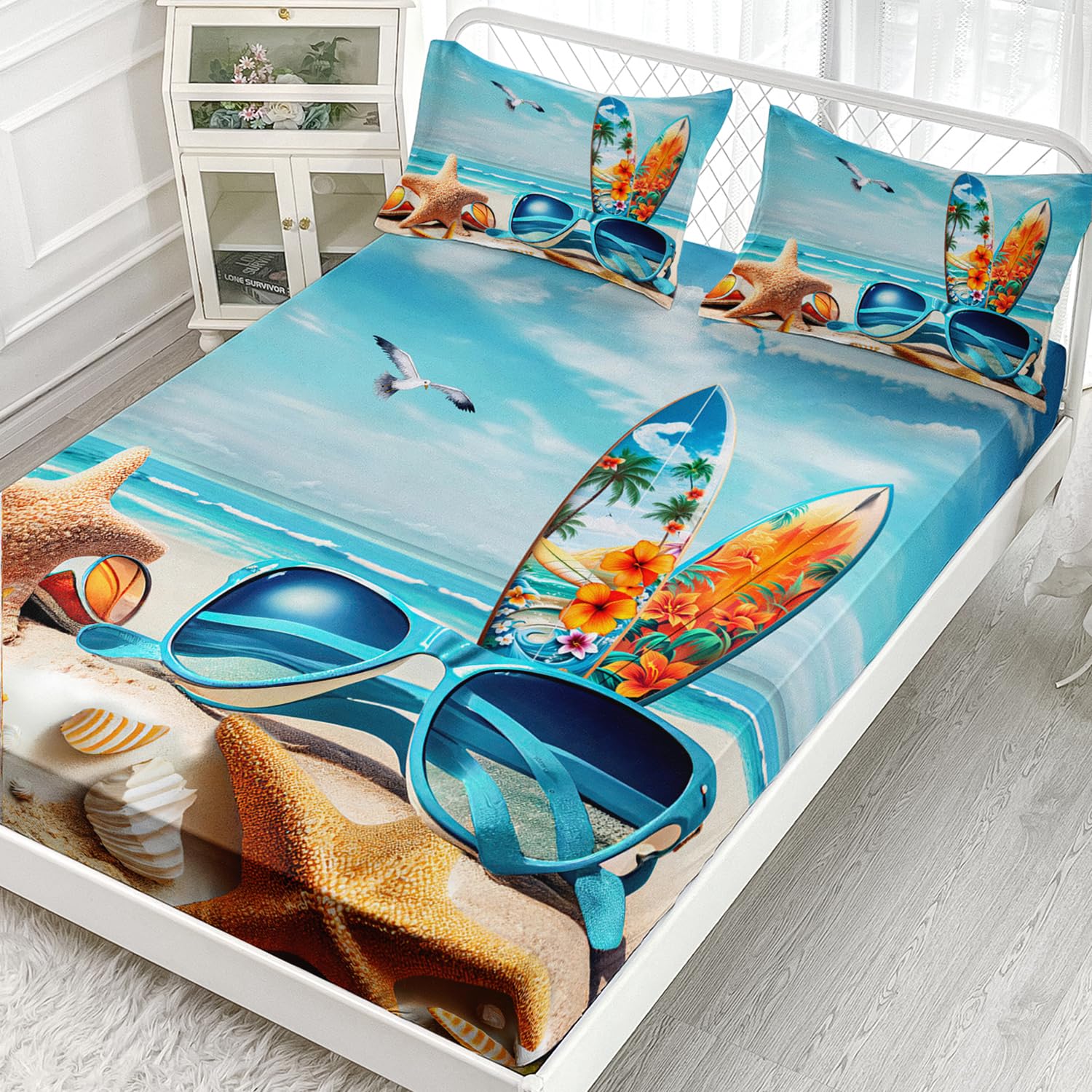 AILONEN Beach Fitted Sheet Set Full Size, Ocean Theme Bed Sheet Set,Starfish Coastal Sheets Set for Boys Girls,Surfboard Sheets Set 3 Pieces, 1 Fitted Sheet and 2 Pillowcases