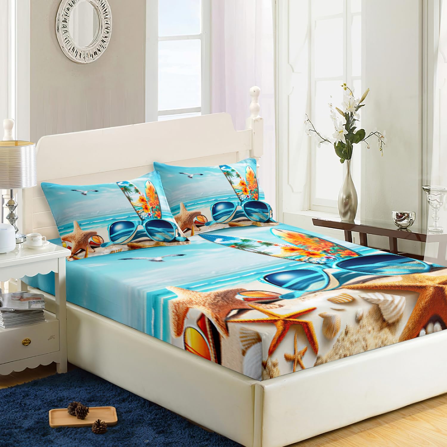AILONEN Beach Fitted Sheet Set Full Size, Ocean Theme Bed Sheet Set,Starfish Coastal Sheets Set for Boys Girls,Surfboard Sheets Set 3 Pieces, 1 Fitted Sheet and 2 Pillowcases