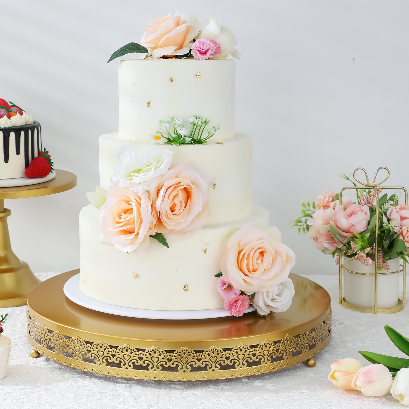 ALEXPRE 16" Cake Stand, Round Metal Large Cake Stand Dessert Display Stand Lace Wedding Cake Stand with Cake Cutting Set for Brithday Party Celebration Baby Shower Dessert Cupcake Display Plates(Gold)