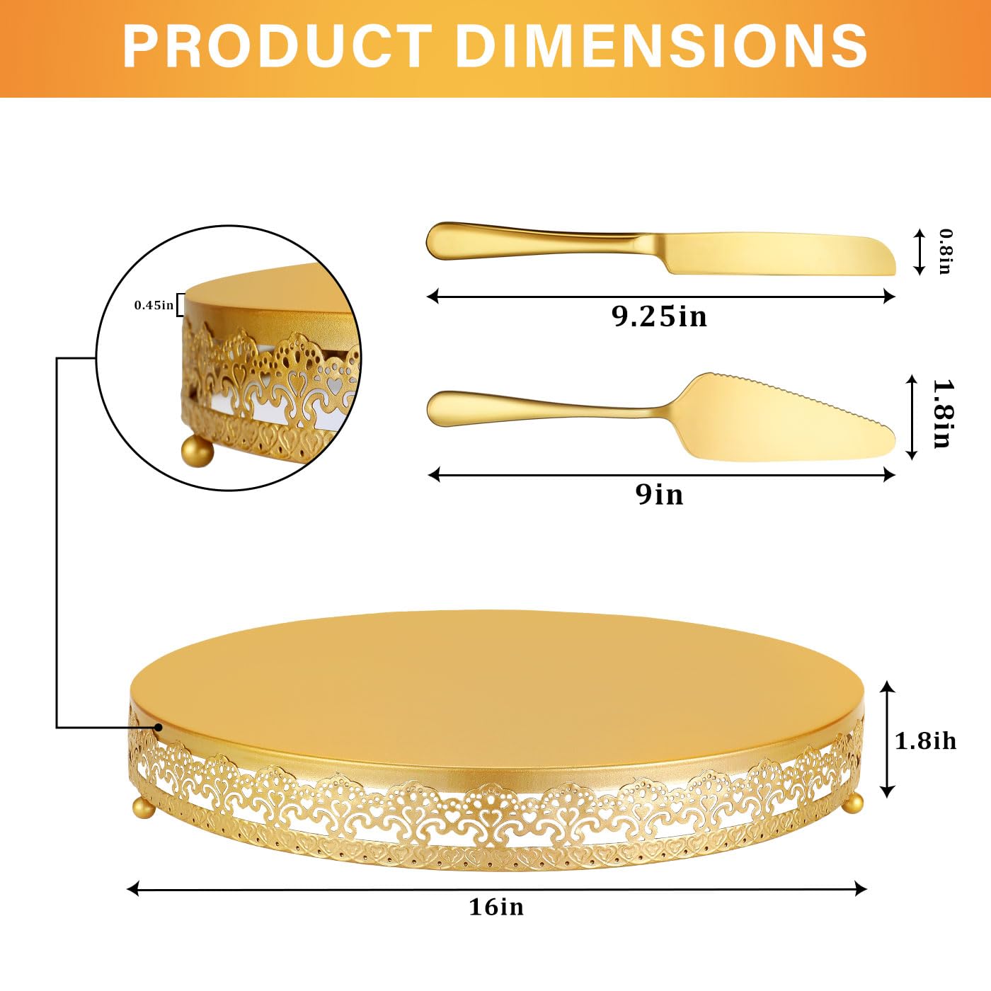 ALEXPRE 16" Cake Stand, Round Metal Large Cake Stand Dessert Display Stand Lace Wedding Cake Stand with Cake Cutting Set for Brithday Party Celebration Baby Shower Dessert Cupcake Display Plates(Gold)