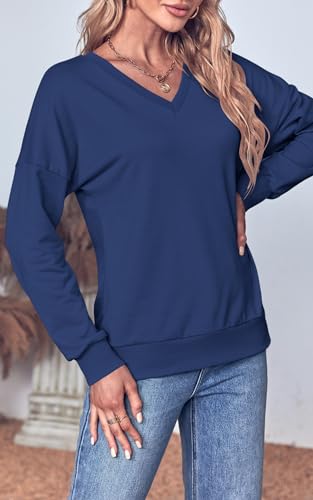 FMEYOA Pullover Sweatshirt for Women Long Sleeve V-Neck Casual Solid Fall Spring Lightweight Shirts Tops