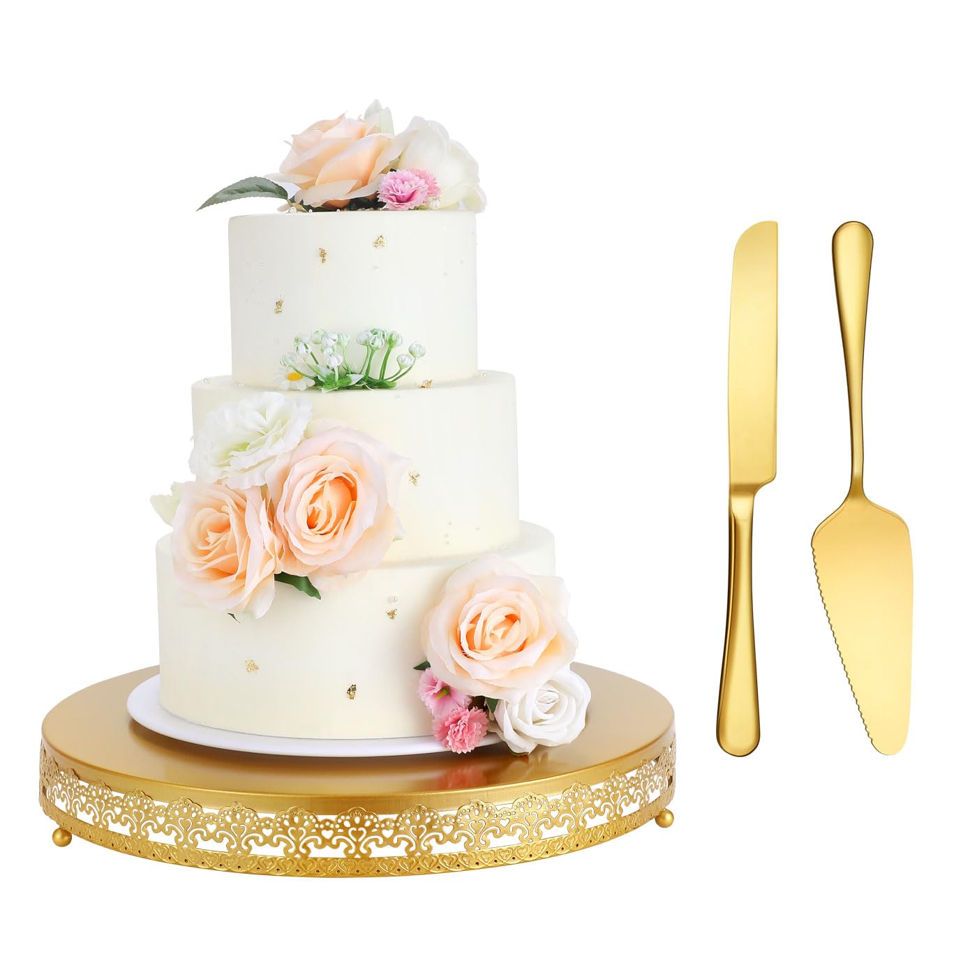 ALEXPRE 16" Cake Stand, Round Metal Large Cake Stand Dessert Display Stand Lace Wedding Cake Stand with Cake Cutting Set for Brithday Party Celebration Baby Shower Dessert Cupcake Display Plates(Gold)