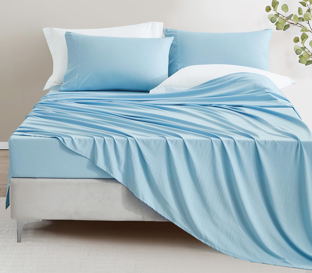 Chezmoi Collection Stone Washed Full Size Sheet Set - 4-Piece Extra Soft Breathable Wrinkle & Fade Resistant 14-Inches Deep Pocket Sheets & Pillowcases Set - Full, Chambray Blue