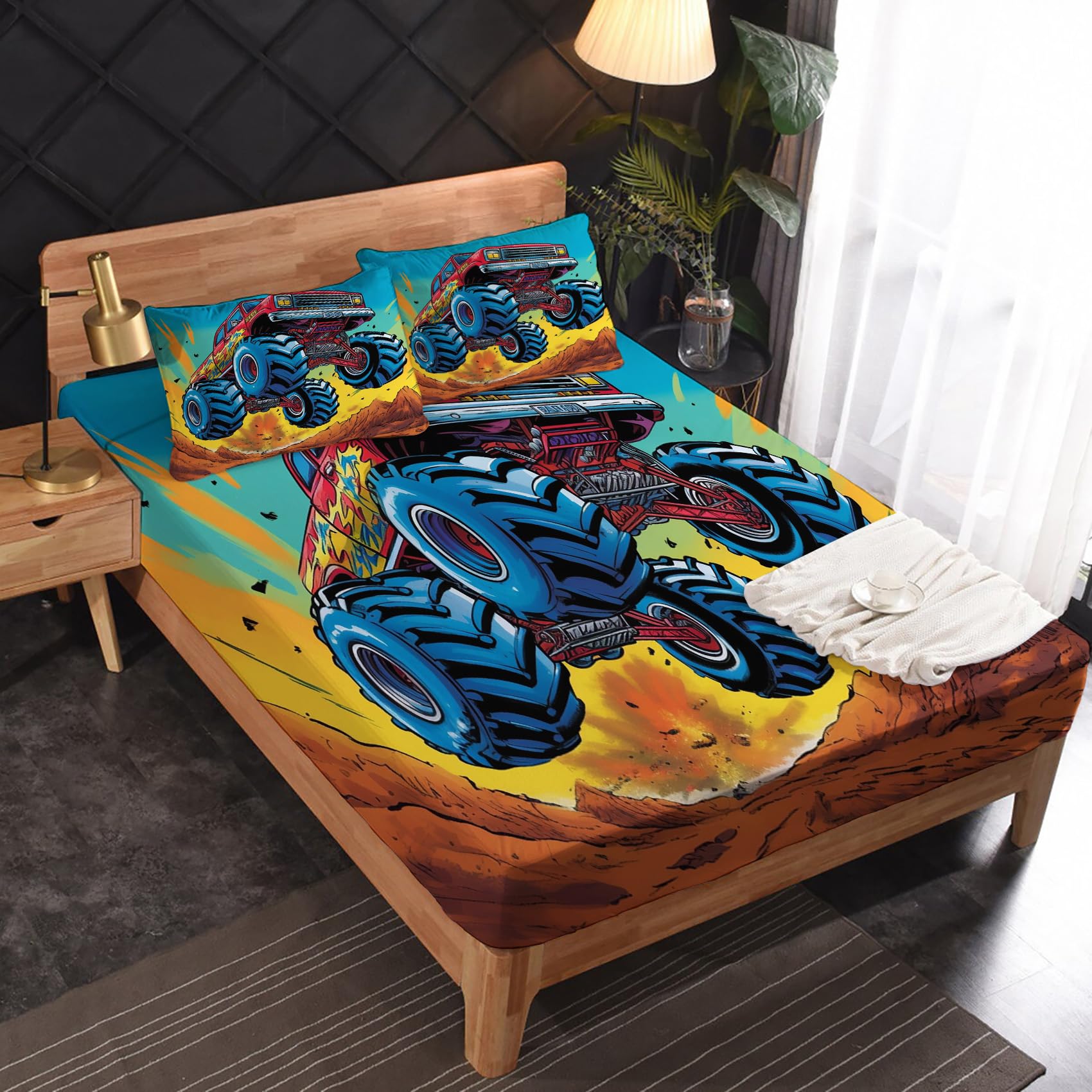 zcsm Monster Truck Sheets Full Size Sheet Sets - Kids Bed Sheets, Soft Microfiber & Deep Pocket & Wrinkle Free Patterned Bedding Sheets & Pillowcases, 1 Fitted Sheet, 1 Flat Sheet, 2 Pillow Cases