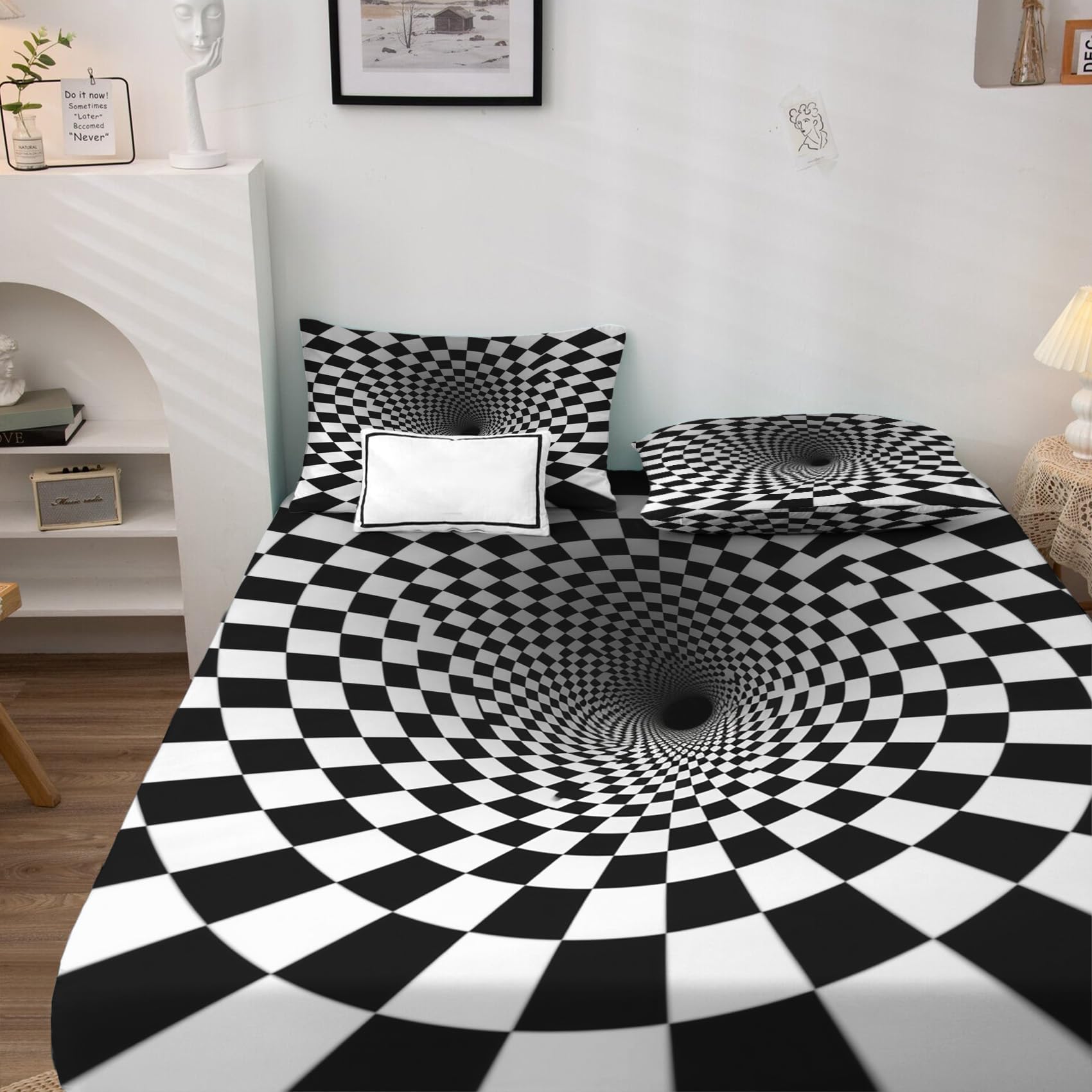Full Size Sheet Sets - Optical Illusion Bed Sheets, Black and White Bedding Sheets & Pillowcases, Soft Microfiber & Deep Pocket & Wrinkle Free Sheet Set, 1 Fitted Sheet, 1 Flat Sheet, 2 Pillow Cases