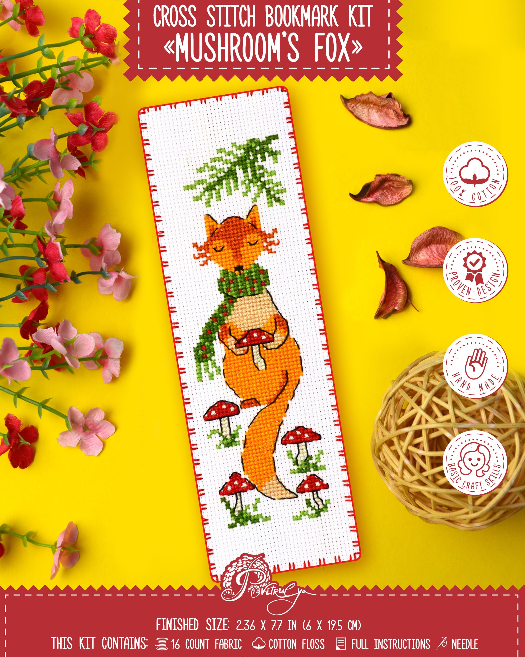 Povitrulya Mushroom Fox - Counted Cross Stitch Bookmark Kit - Handmade Gift
