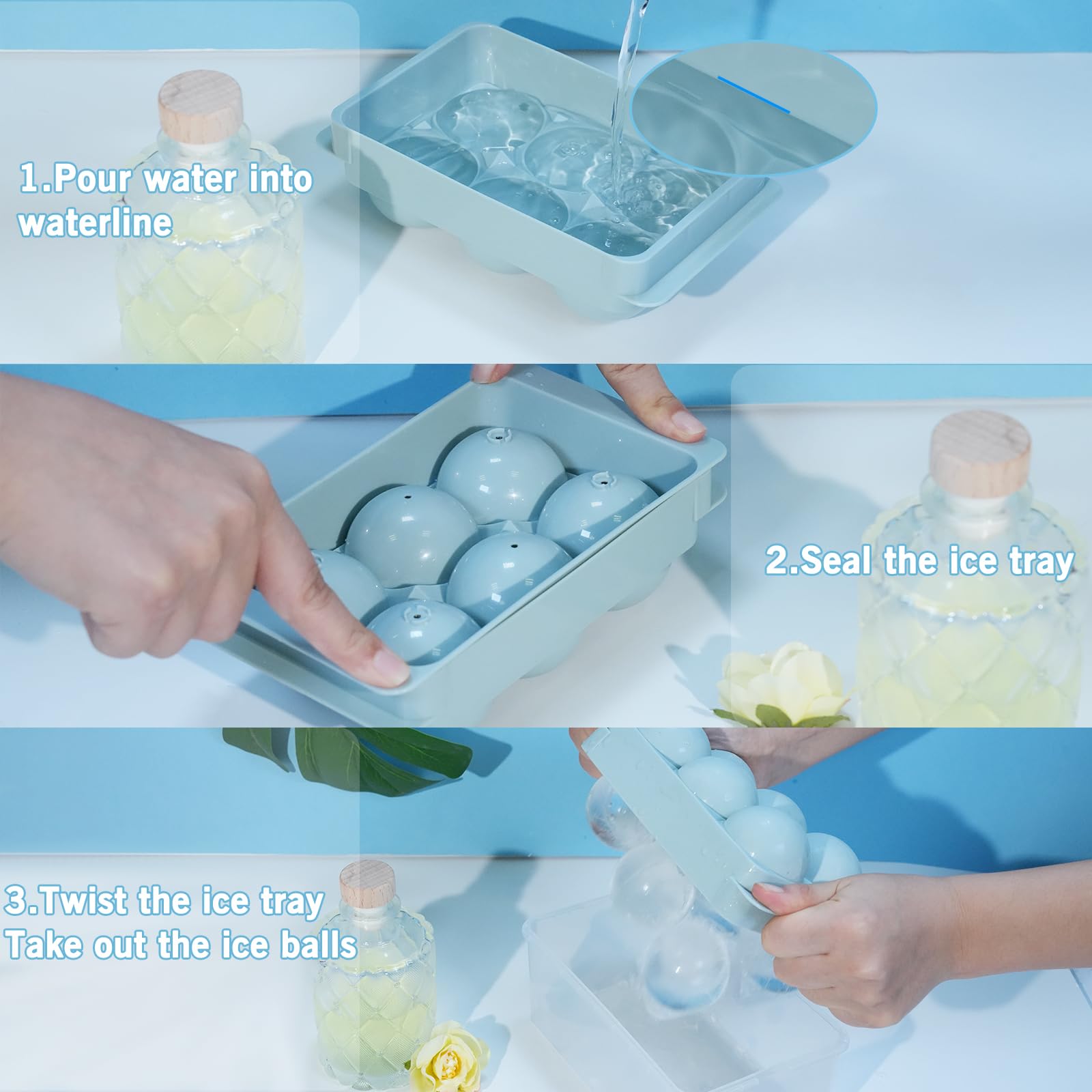Toobimen Ice Cube Tray with Lid&Bin, 1.9'' Whiskey Ice Mold, 2Pack Ice Ball Maker Mold, Large Ice Cube Trays with Tong, Easy Fill & Release Making Ice Balls for Whiskey Cocktails Bourbon (Blue)