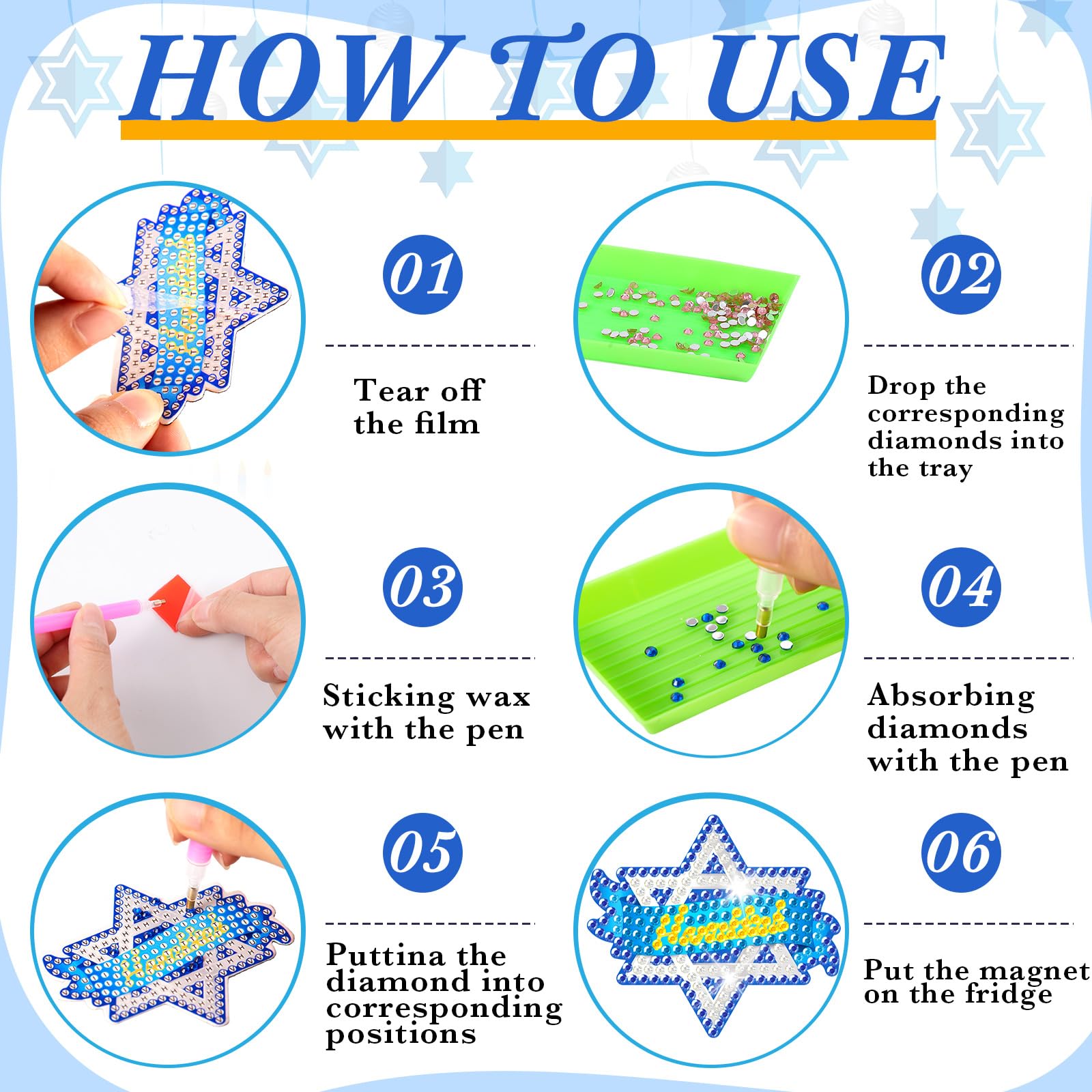 Chapou 24 Pcs Hanukkah Hexagon Diamond Painting Kits for Refrigerator Stickers, Diamond Painting Magnets Refrigerator Diamond Art Craft for Adults Home Decoration