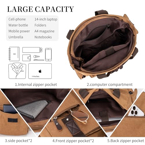 Canvas Messenger Bag for Men, 15 Inch Water Resistant Laptop Bag, Crossbody Bag for Work Office Travel Casual with Adjustable Shoulder Strap(Brown)