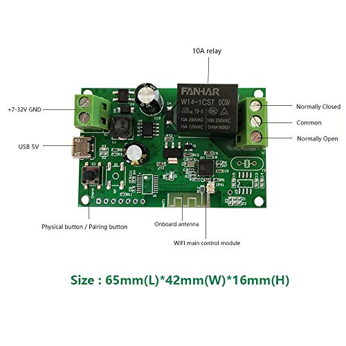 WIFI Momentary Inching Relay Self-locking Switch Module Wireless Relay Switch Module for Household Appliances, Compatible with Alexa Echo Google home, DC 7-32V DIY Switch Module for Garage Door Opener