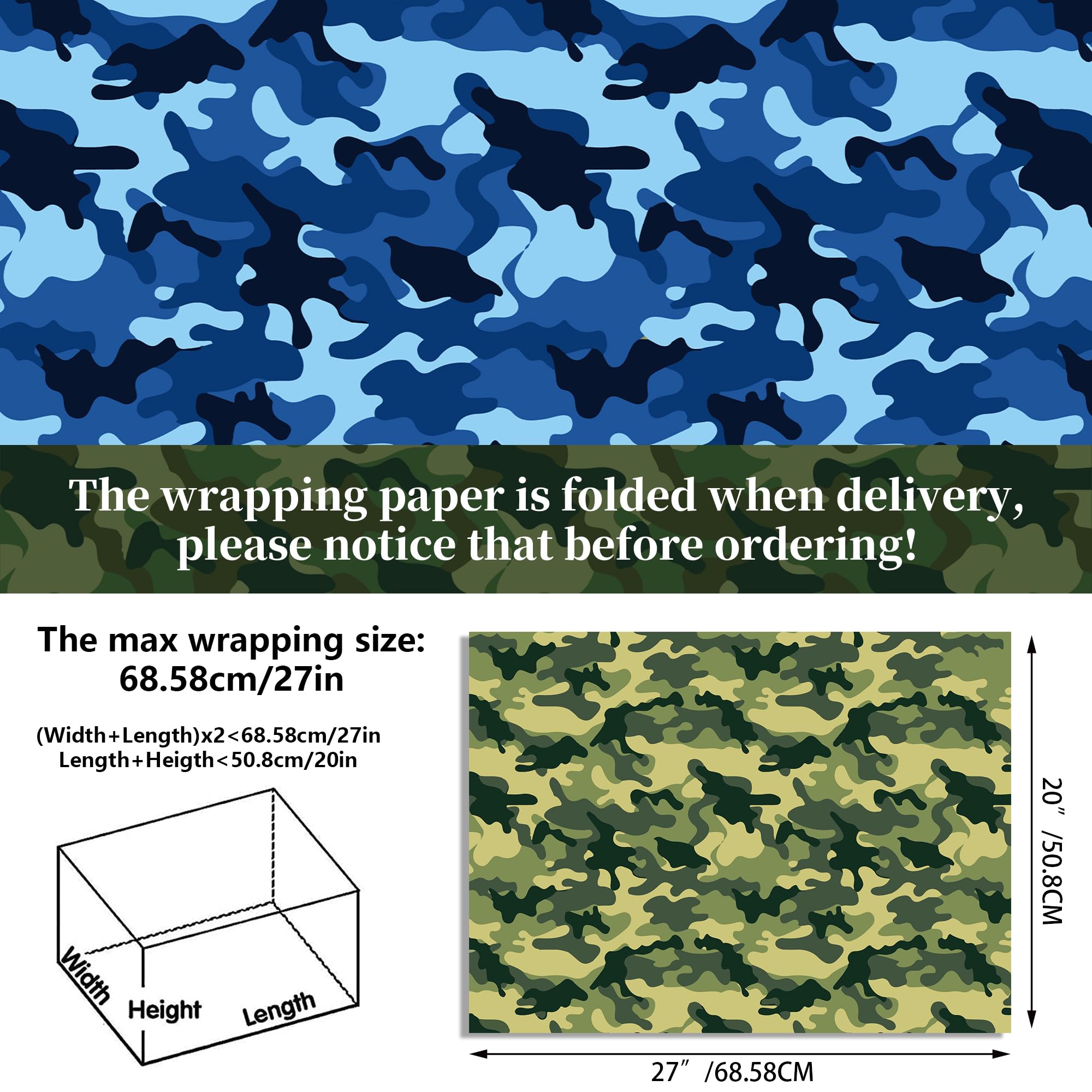 Lide Road Camo Wrapping Paper Set, 12 Sheets Army Wrapping Paper for Birthday Veterans Day 4 Style Green Blue Camouflage Gift Wrap for Veterans Day Paper Decorations 20'' x 27''