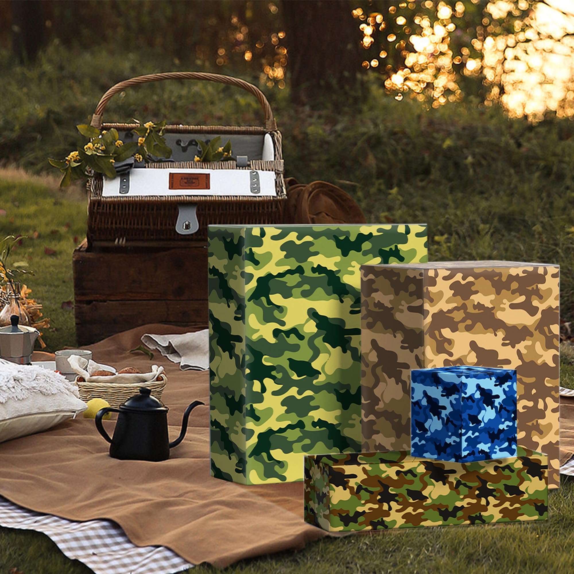 Lide Road Camo Wrapping Paper Set, 12 Sheets Army Wrapping Paper for Birthday Veterans Day 4 Style Green Blue Camouflage Gift Wrap for Veterans Day Paper Decorations 20'' x 27''
