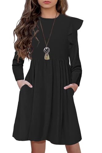 HOSIKA Girls Fall Dress Long Sleeve Ruffle Casual A-Line Midi Dress with Pocket for Kids 6-12 Years Black