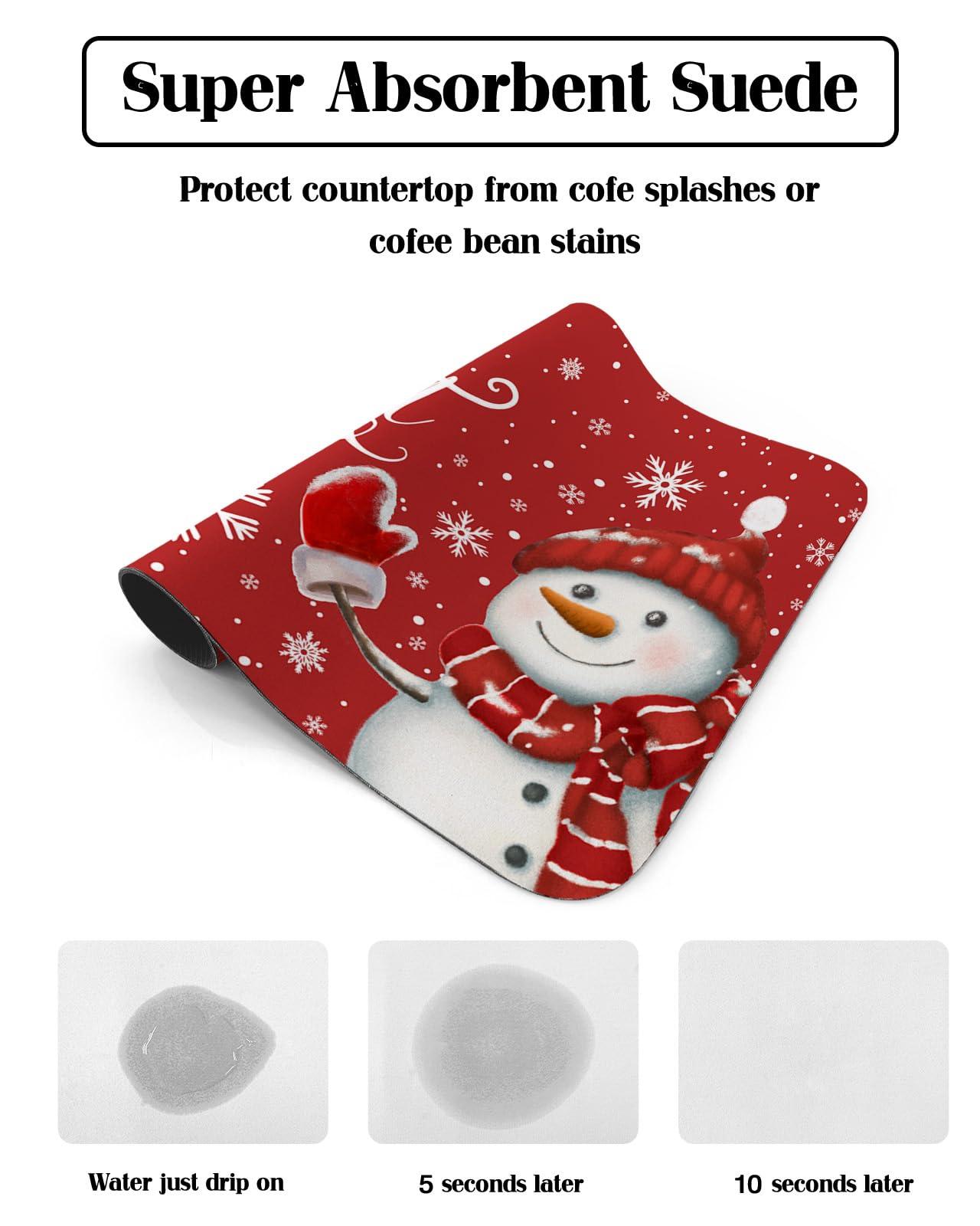 Hokiten Red Christmas Snowman Dish Drying Mat for Kitchen Counter, Merry Christmas Absorbent Coffee Mat/Dish Drainer, Xmas Winter Snowflake Quick Drying & Non-slip Rubber Backed Drying Mat 12"W x 16"L