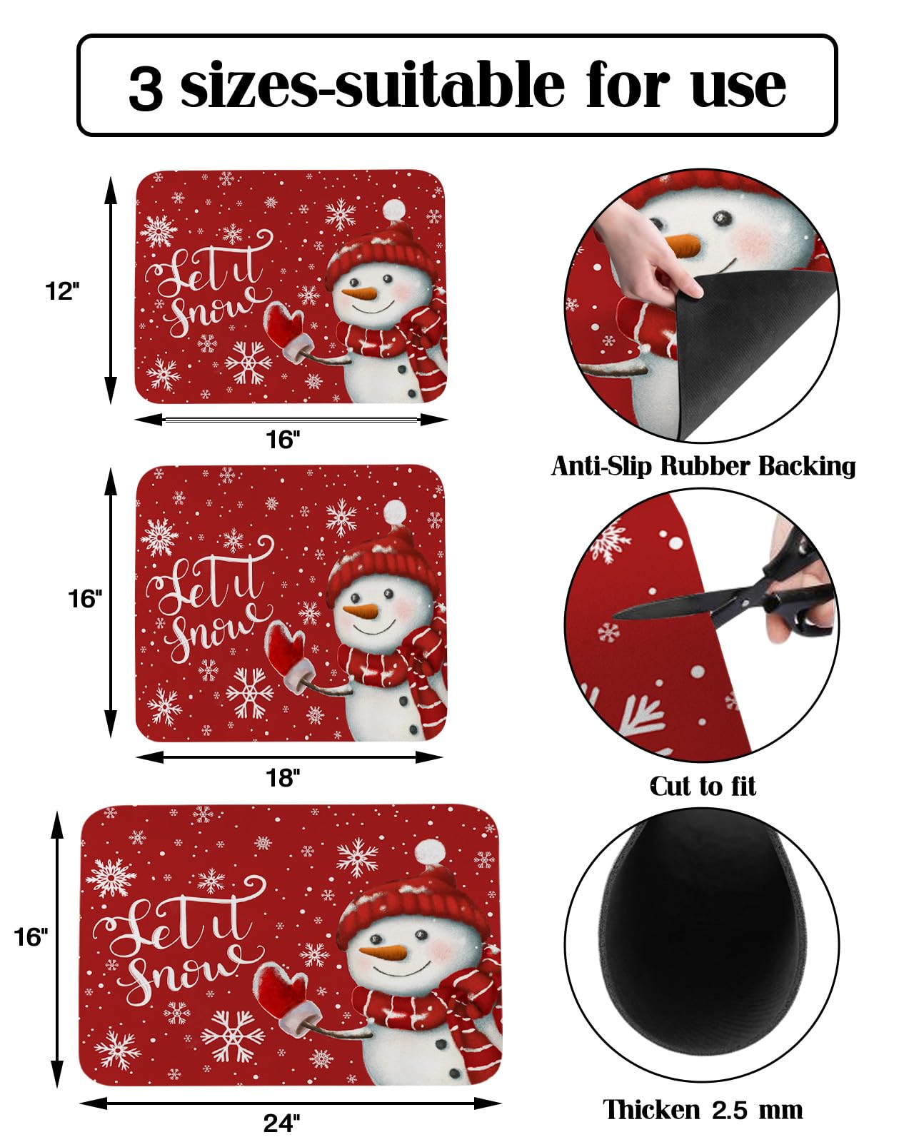 Hokiten Red Christmas Snowman Dish Drying Mat for Kitchen Counter, Merry Christmas Absorbent Coffee Mat/Dish Drainer, Xmas Winter Snowflake Quick Drying & Non-slip Rubber Backed Drying Mat 12"W x 16"L