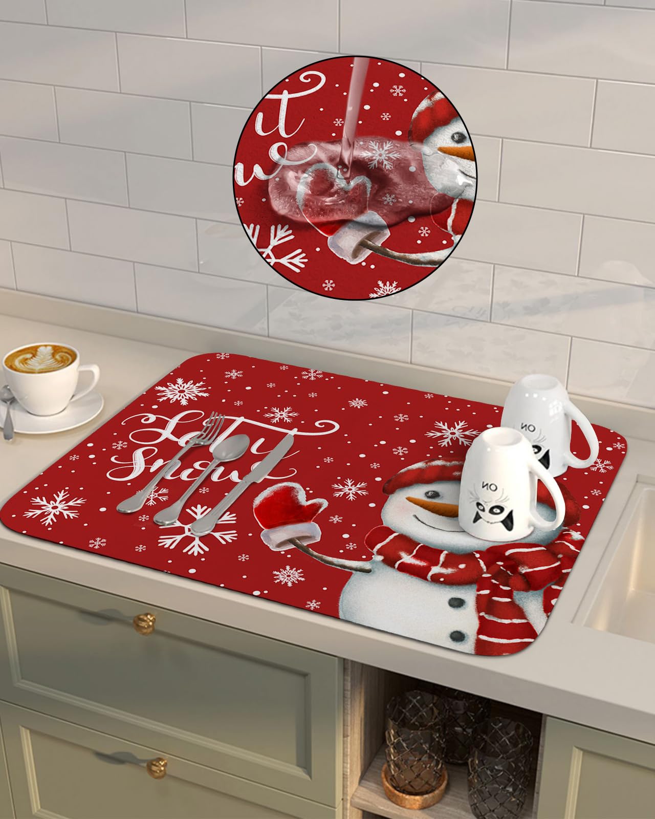 Hokiten Red Christmas Snowman Dish Drying Mat for Kitchen Counter, Merry Christmas Absorbent Coffee Mat/Dish Drainer, Xmas Winter Snowflake Quick Drying & Non-slip Rubber Backed Drying Mat 12"W x 16"L
