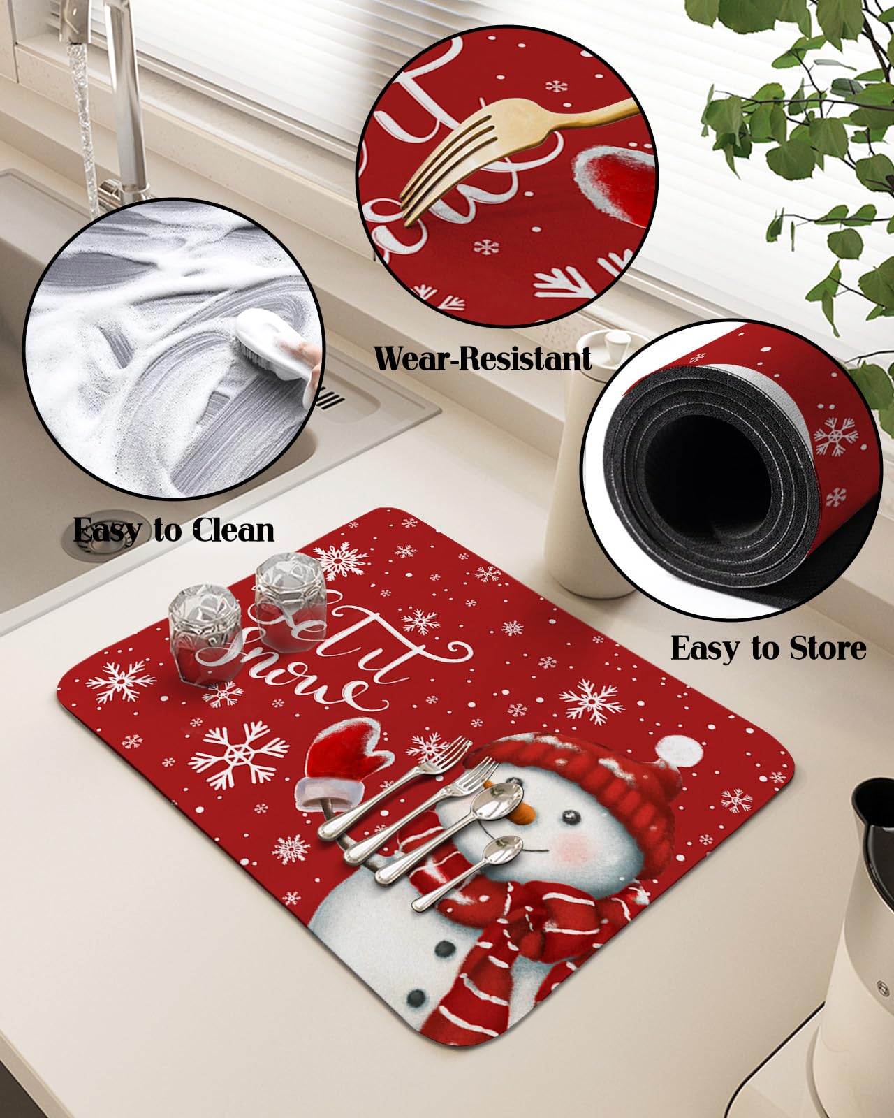 Hokiten Red Christmas Snowman Dish Drying Mat for Kitchen Counter, Merry Christmas Absorbent Coffee Mat/Dish Drainer, Xmas Winter Snowflake Quick Drying & Non-slip Rubber Backed Drying Mat 12"W x 16"L