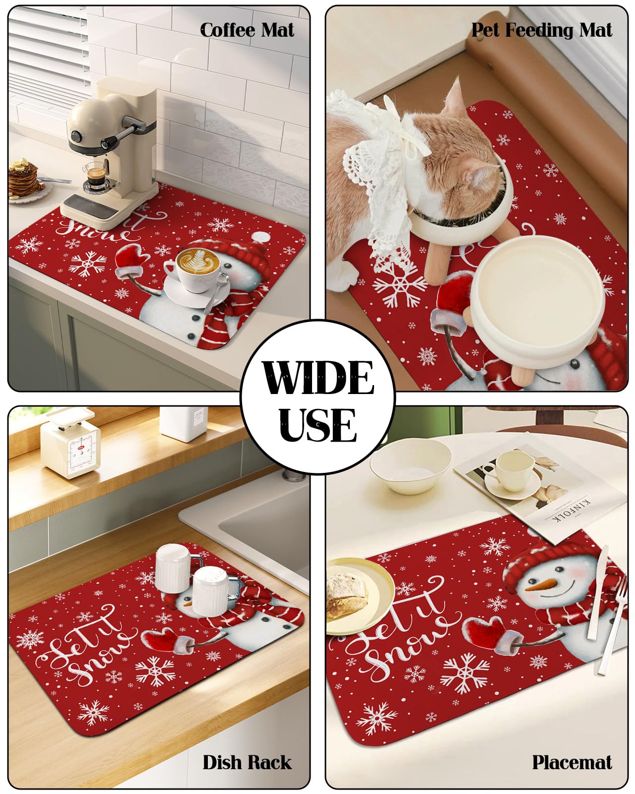 Hokiten Red Christmas Snowman Dish Drying Mat for Kitchen Counter, Merry Christmas Absorbent Coffee Mat/Dish Drainer, Xmas Winter Snowflake Quick Drying & Non-slip Rubber Backed Drying Mat 12"W x 16"L