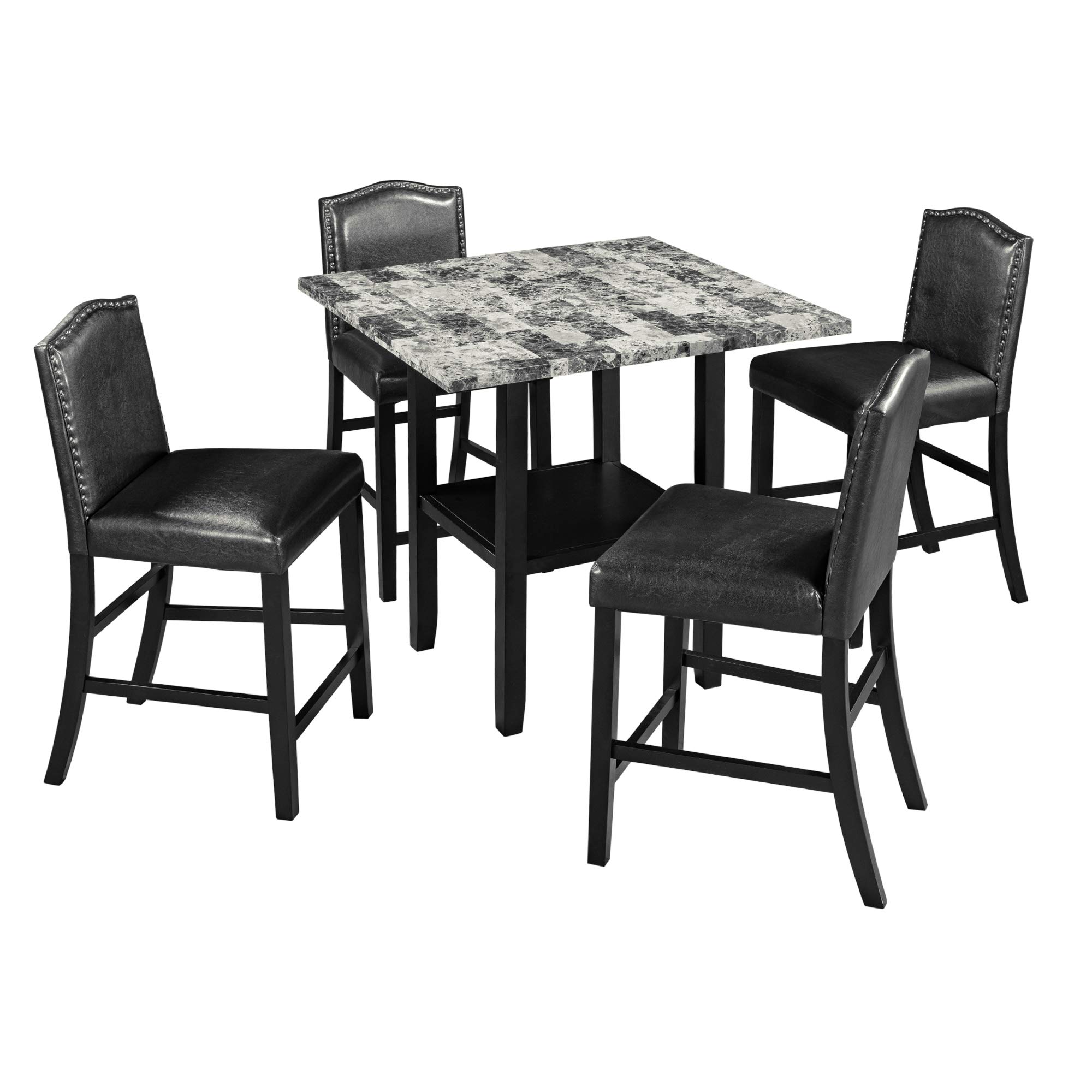 FIQHOME 5 Piece Counter Height Pub, Dining Set Marble Veneer Top Kitchen Bottom Shelf and 4 PU Leather Chair Table, Black+Gray