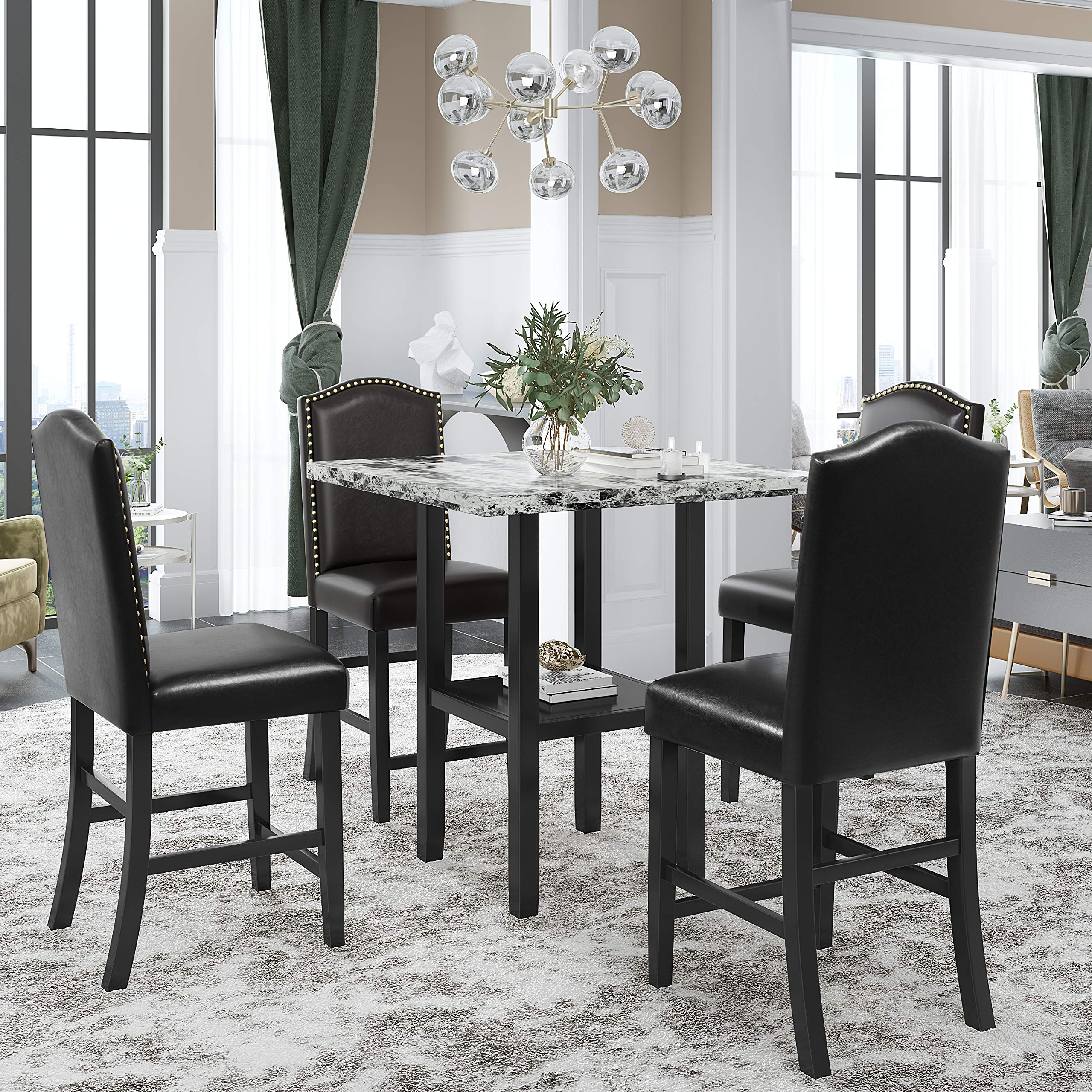 FIQHOME 5 Piece Counter Height Pub, Dining Set Marble Veneer Top Kitchen Bottom Shelf and 4 PU Leather Chair Table, Black+Gray