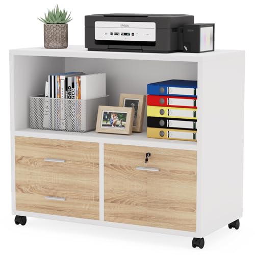 Tribesigns 3 Drawer File Cabinet with Lock, Mobile Lateral Filing Cabinet with Rolling Wheels, Large Printer Stand with Open Storage Shelves for Home Office