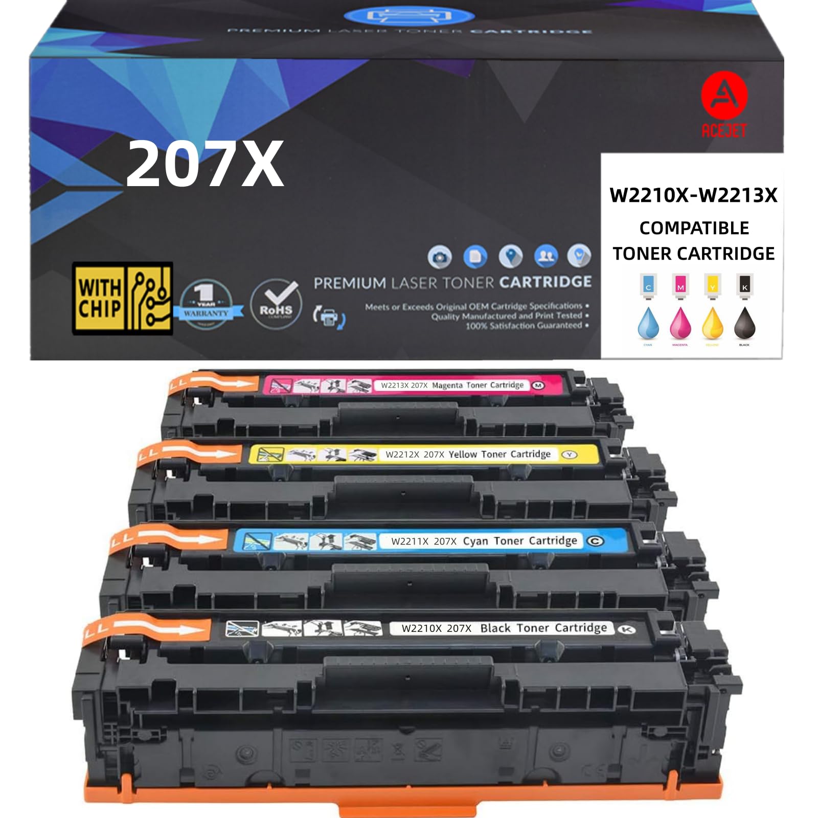 207X W2210X Compatible Toner Cartridge Replacement for HP 207X W2210X W2211X W2212A W2213X for Use with Color Laser Pro MFP M282NW M283FDN M283FDW M255DW M255NW Printer (4PK-BCMY)