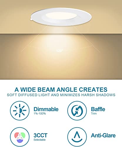 Lightdot Ceiling Light Fixture, Retrofit LED Recessed Lighting 6 inch, Downlight with Baffle Trim, Canless with Junction Box-10Pack