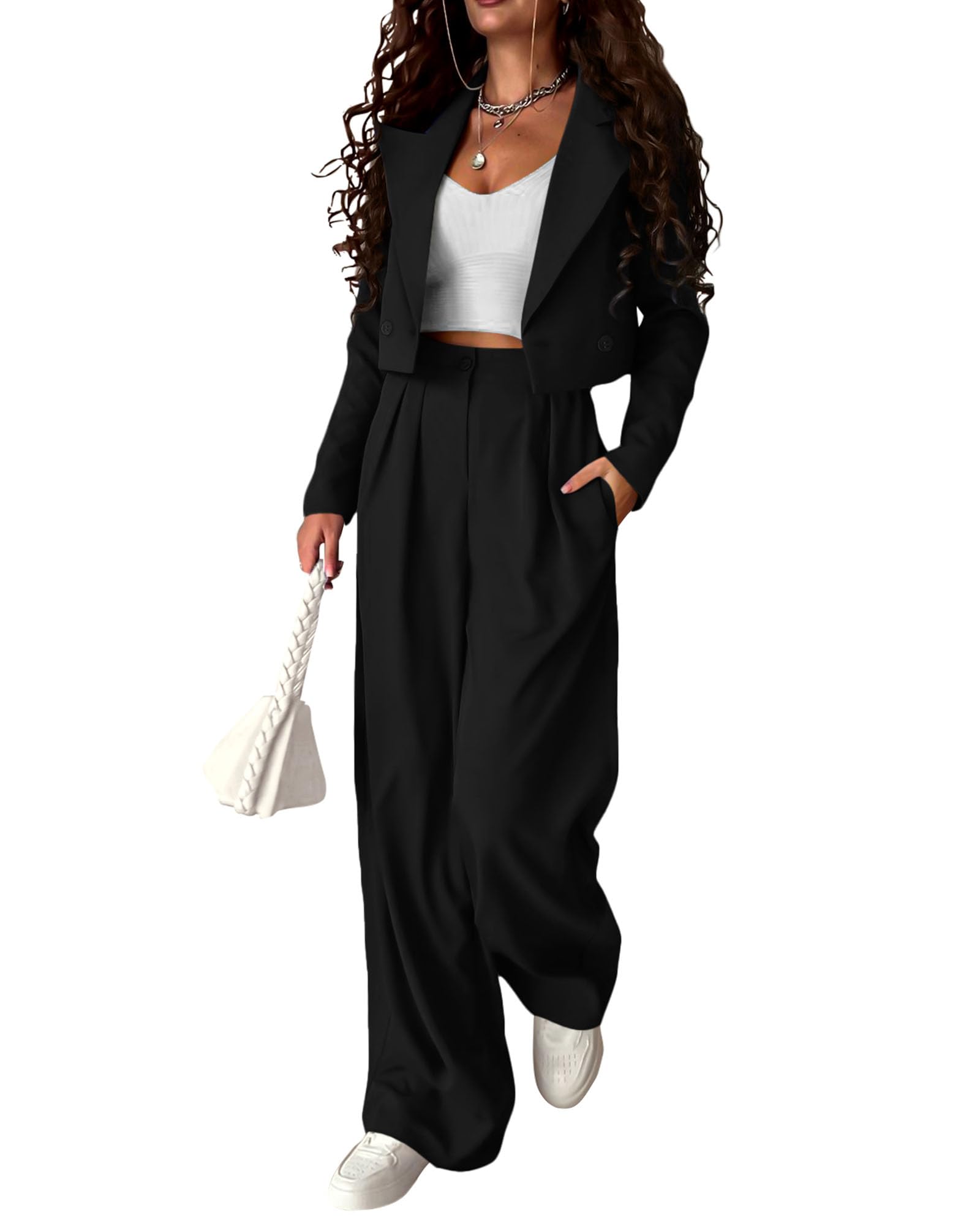 KIRUNDO Blazer Sets Women 2 Piece Outfits Casual Cropped Jackets High Waist Wide Leg Pant Suits Dressy Office Clothes(Black, X-Large)