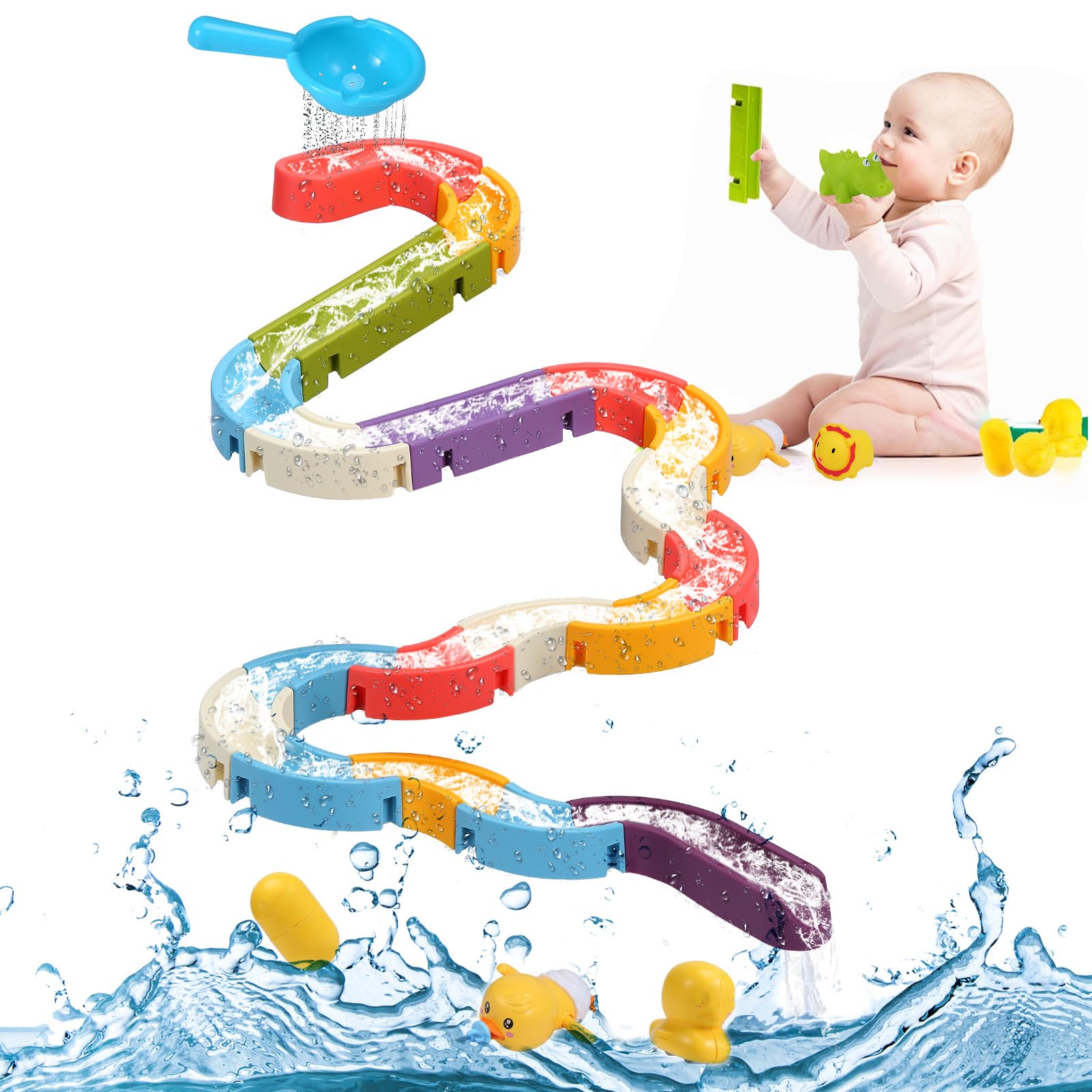 42 pcs Baby Bath Toy for Kids Ages 4-8 Toddlers, Wall Bathtub Toys Ball Track Shower Water Slide Take Apart Game, Baby Bath Toys with Wind-Up Duck, Birthday Gift for Children