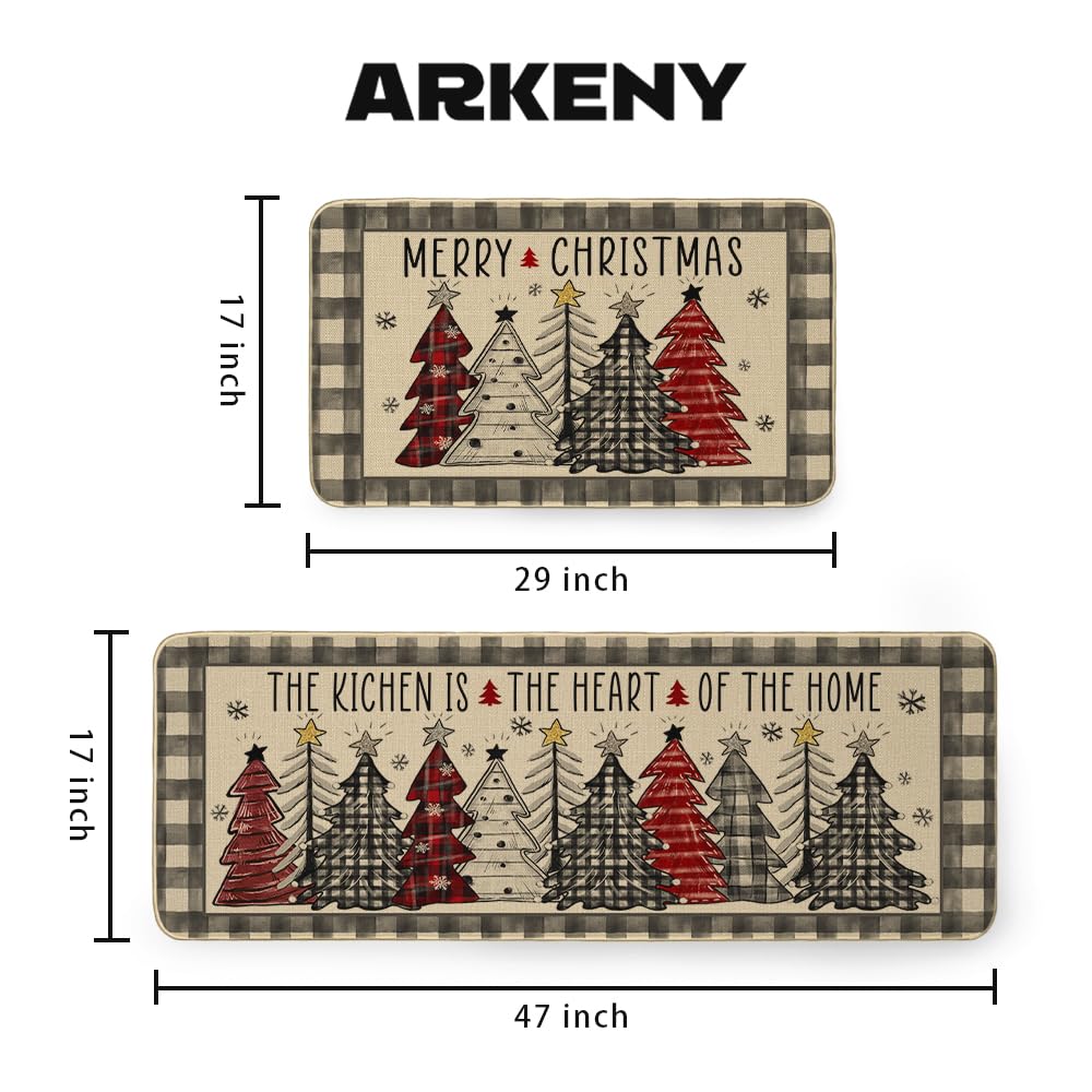 ARKENY Merry Christmas Kitchen Rugs Set of 2 , Red Xmas Tree Floor Mat,Farmhouse Style Kitchen Decorations for Door Mats- 17x29 and 17x47 Inch AKM001